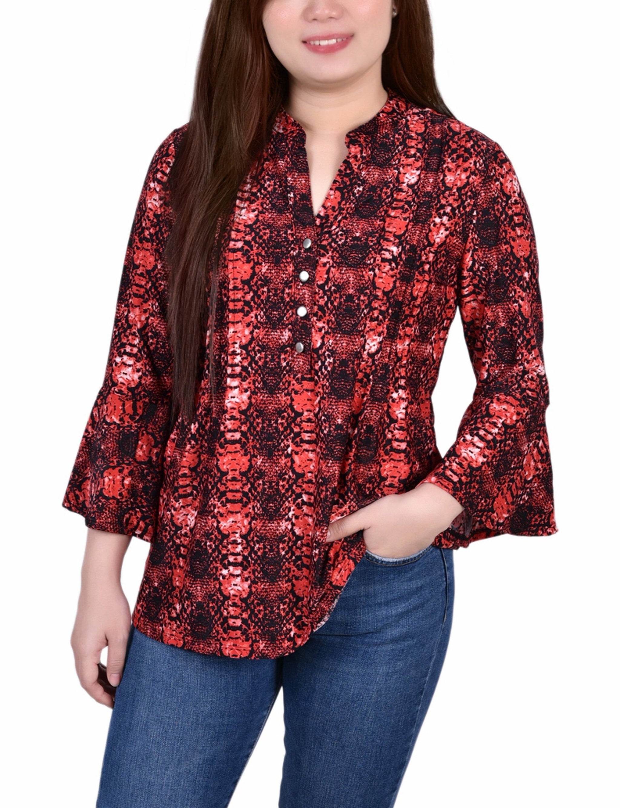 NY Collection Women's 3/4 Bell Sleeve Pleat Front Y Neck Top - Walmart.com
