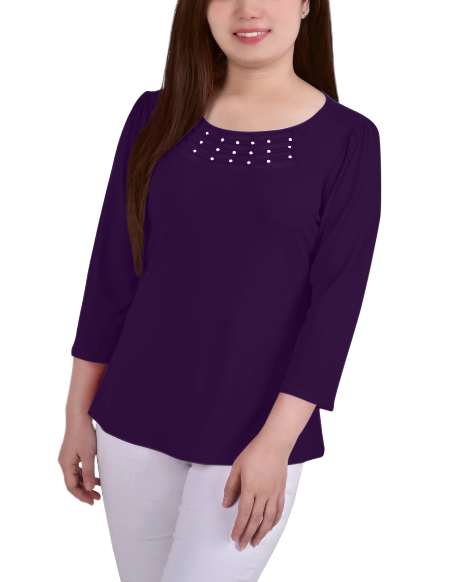 NY Collection Women's 3/4 Sleeve Crepe Knit Top Purple Petite Size PM ...