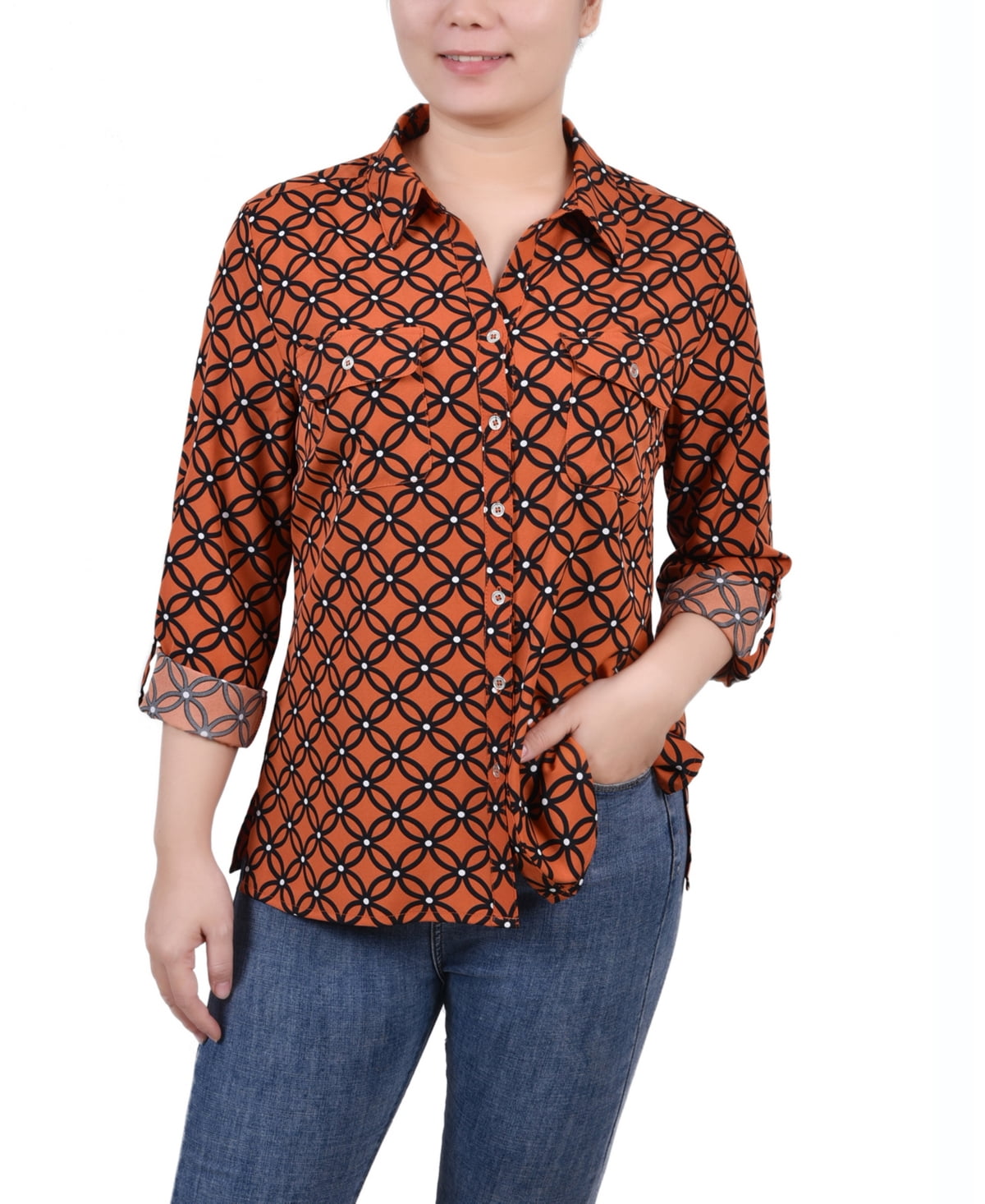 NY Collection Women's 3/4 Sleeve Roll Tab Notch Collar Blouse Orange ...