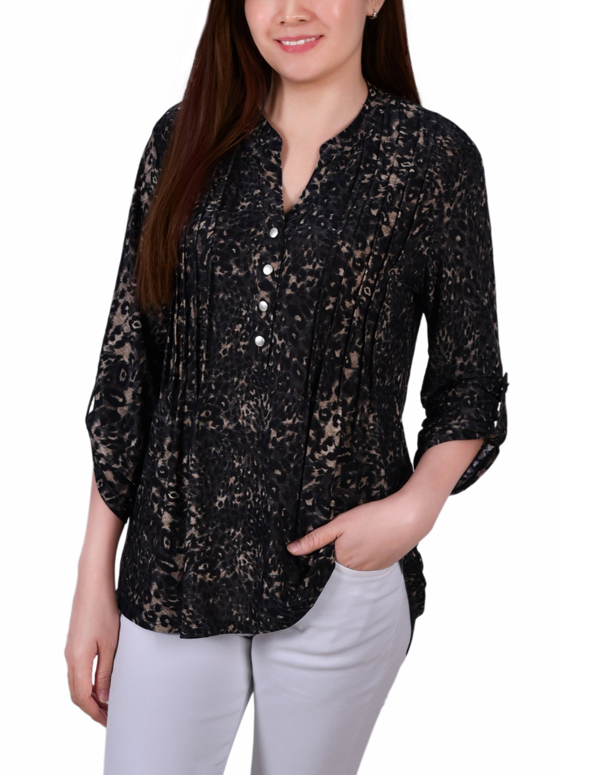 NY Collection Women's 3/4 Sleeve Roll Tab Y Neck Top - Walmart.com