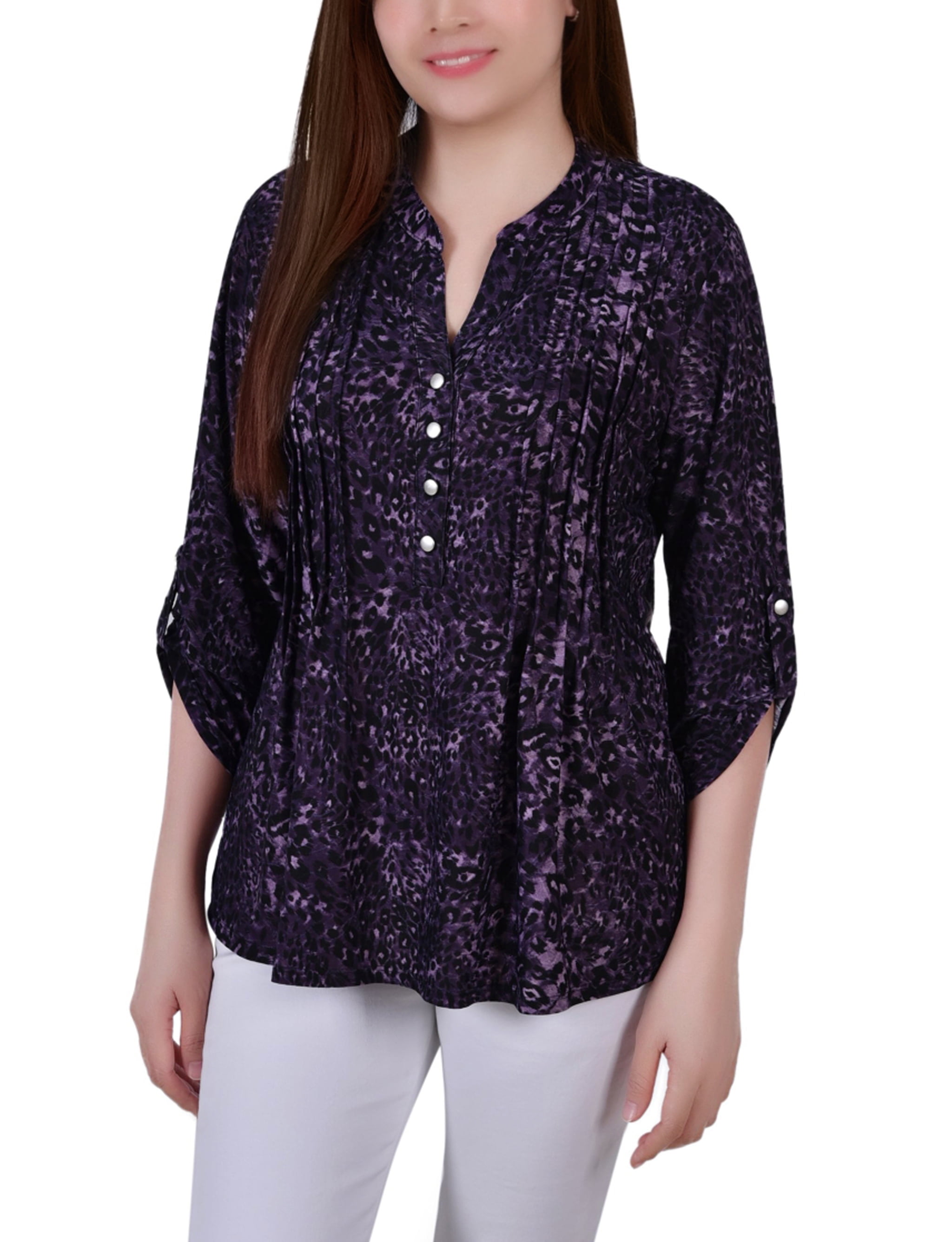 NY Collection Women's 3/4 Sleeve Roll Tab Y Neck Top - Walmart.com