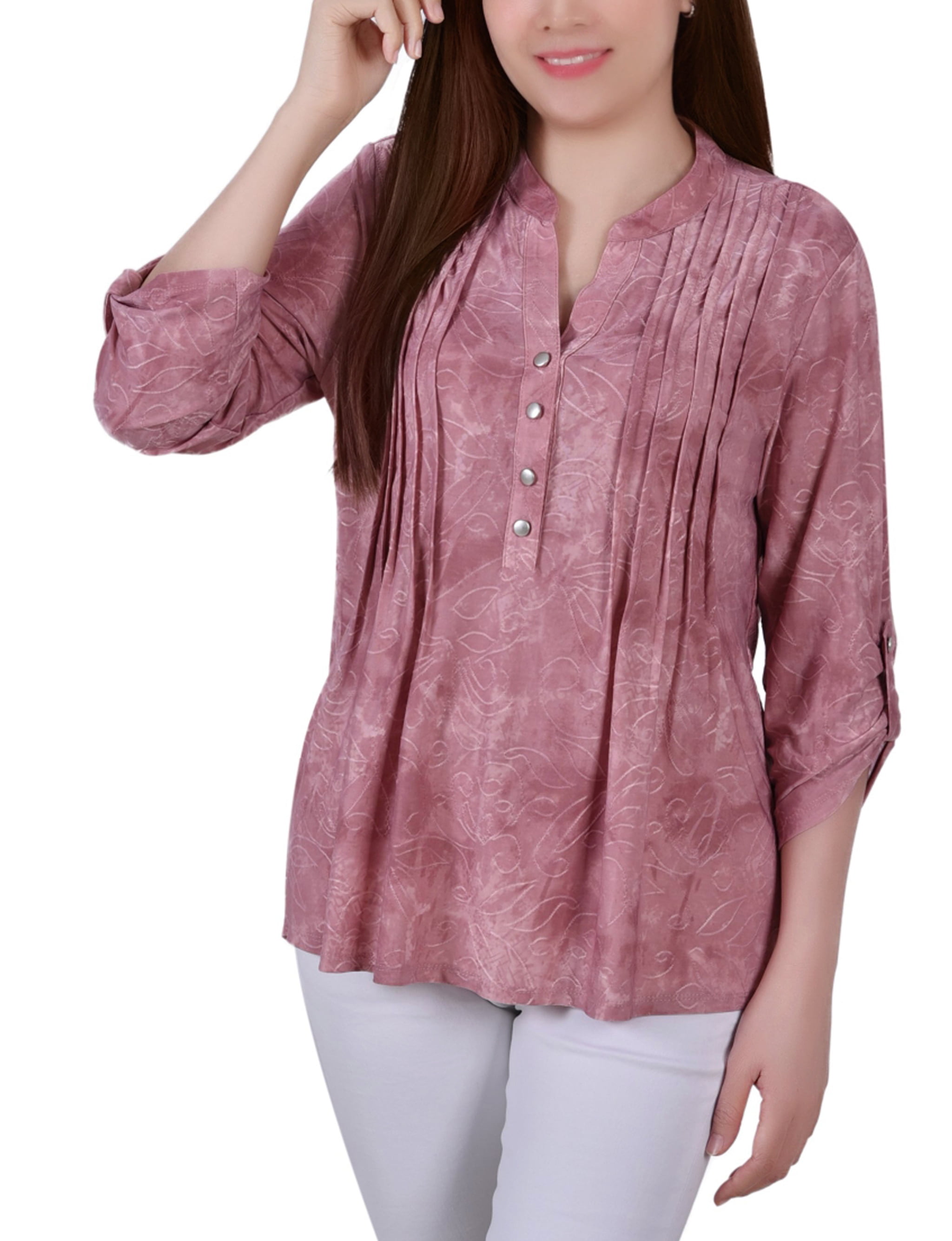 NY Collection Women's 3/4 Sleeve Roll Tab Y Neck Top - Walmart.com