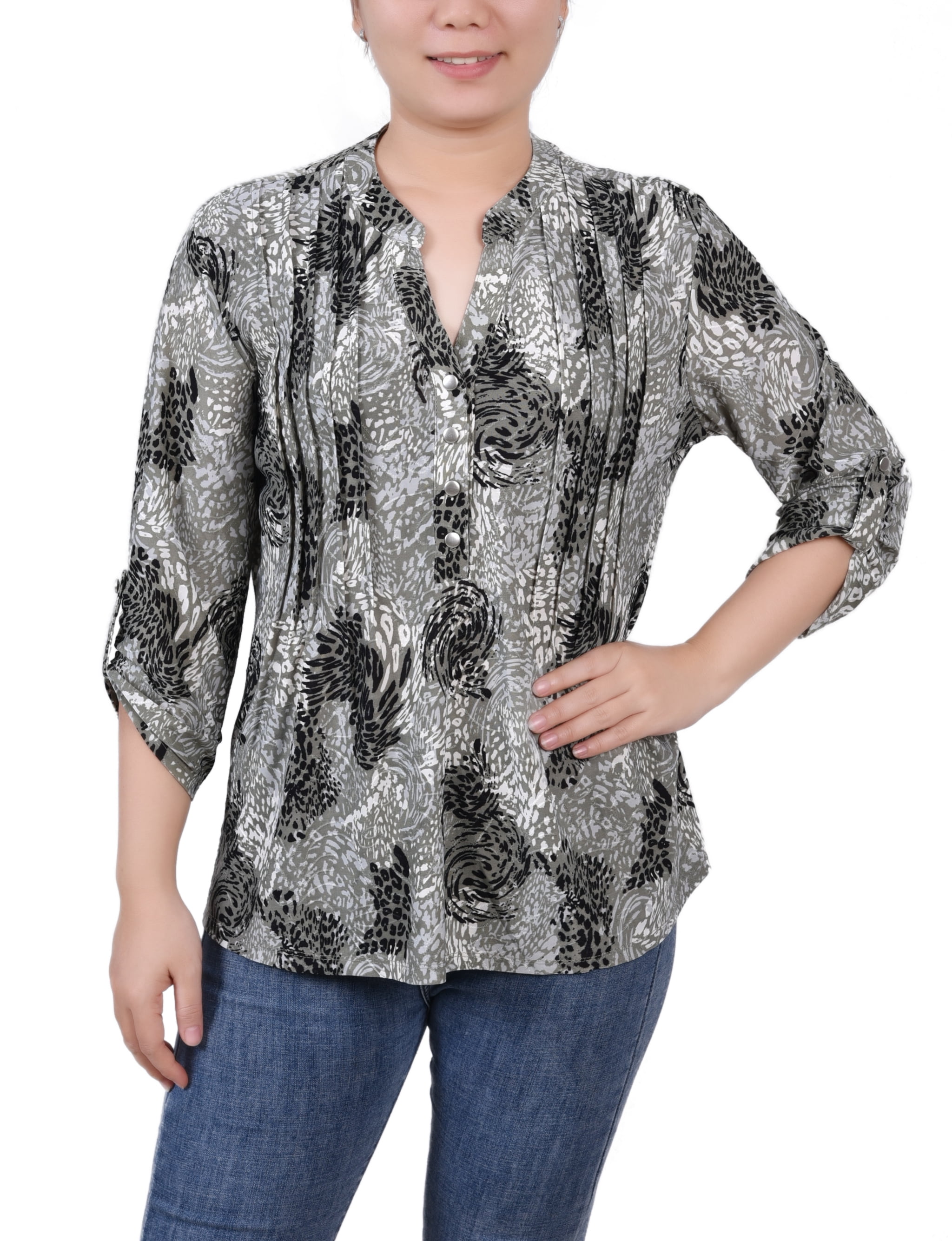 NY Collection Women's 3/4 Sleeve Roll Tab Y Neck Top - Walmart.com