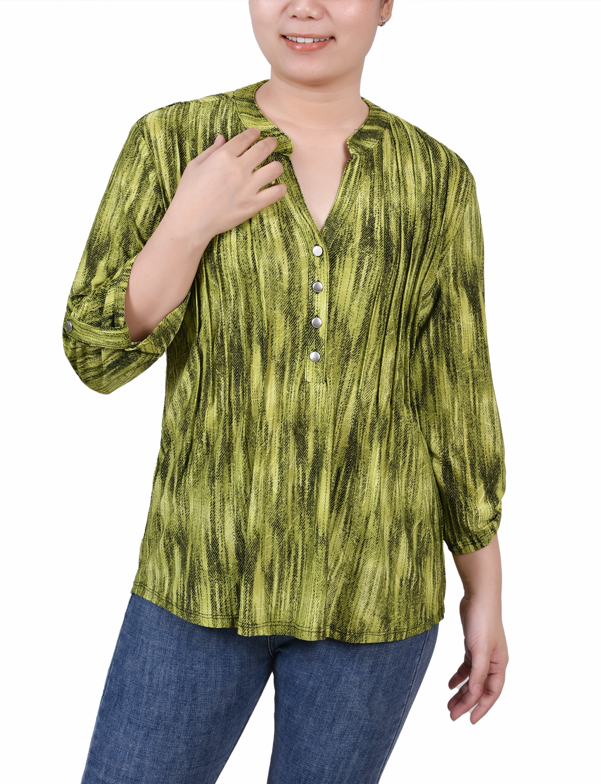 NY Collection Women's 3/4 Sleeve Roll Tab Y Neck Top - Walmart.com
