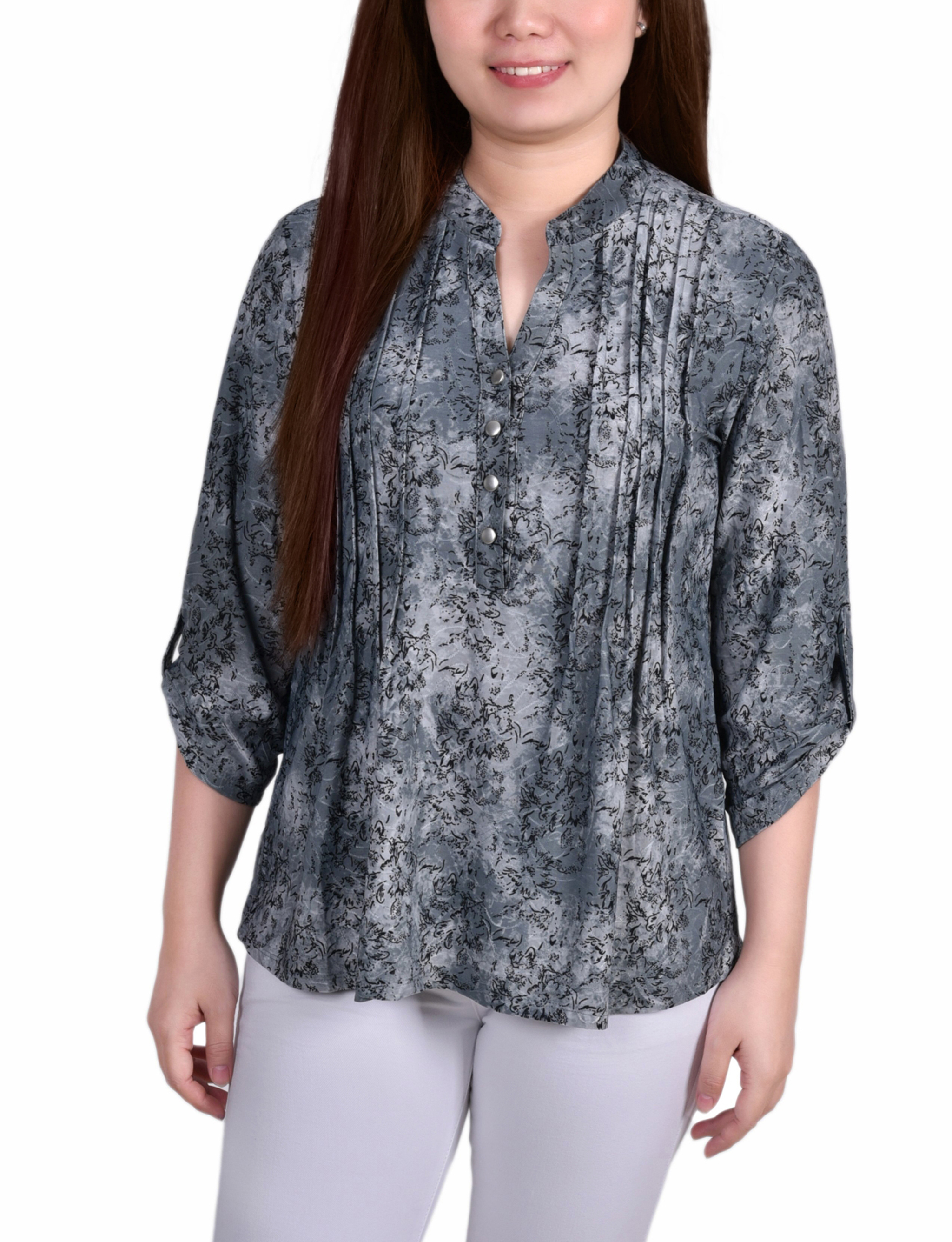 NY Collection Women's 3/4 Sleeve Roll Tab Y Neck Top - Walmart.com