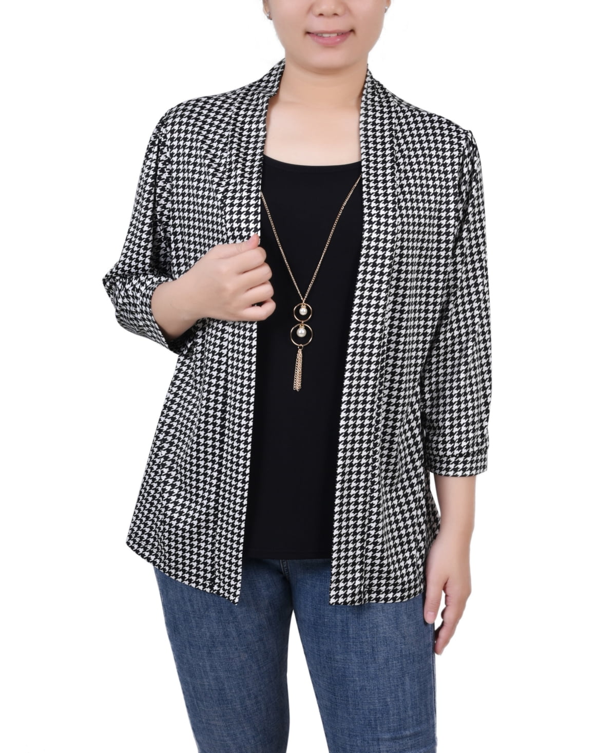 NY Collection Women's 3/4 Sleeve Two Fer Top Black Size Petite Medium ...
