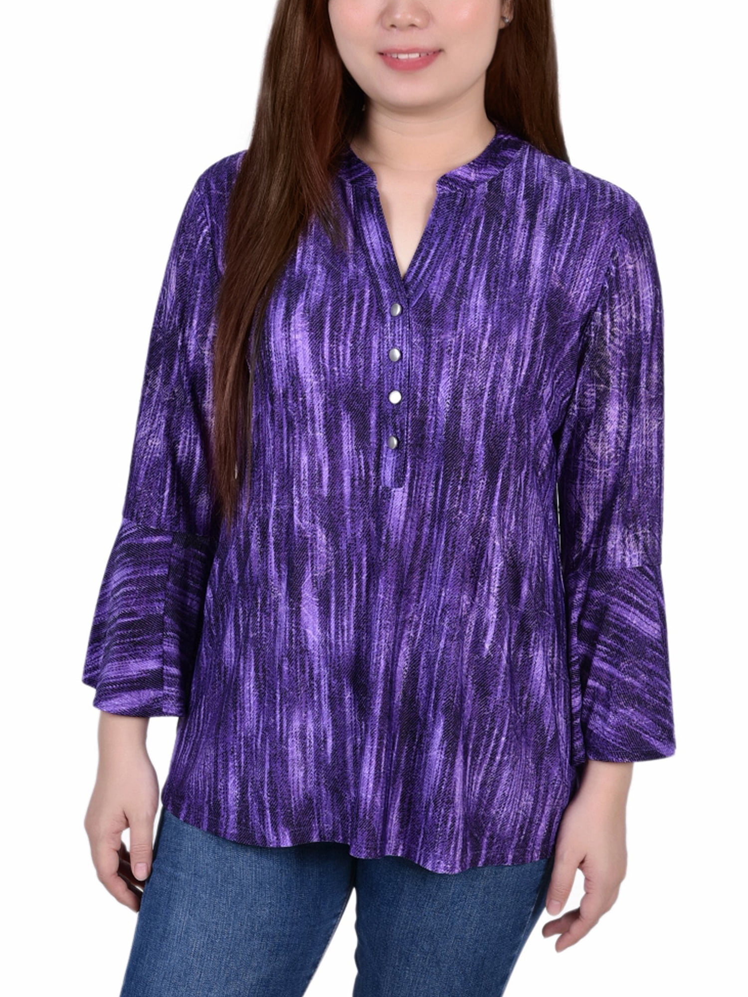 NY Collection Women's Petite 3/4 Bell Sleeve Pleat Front Y Neck Top ...