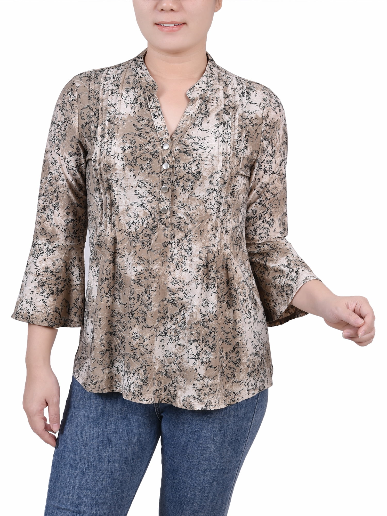 NY Collection Women's Petite 3/4 Bell Sleeve Pleat Front Y Neck Top ...