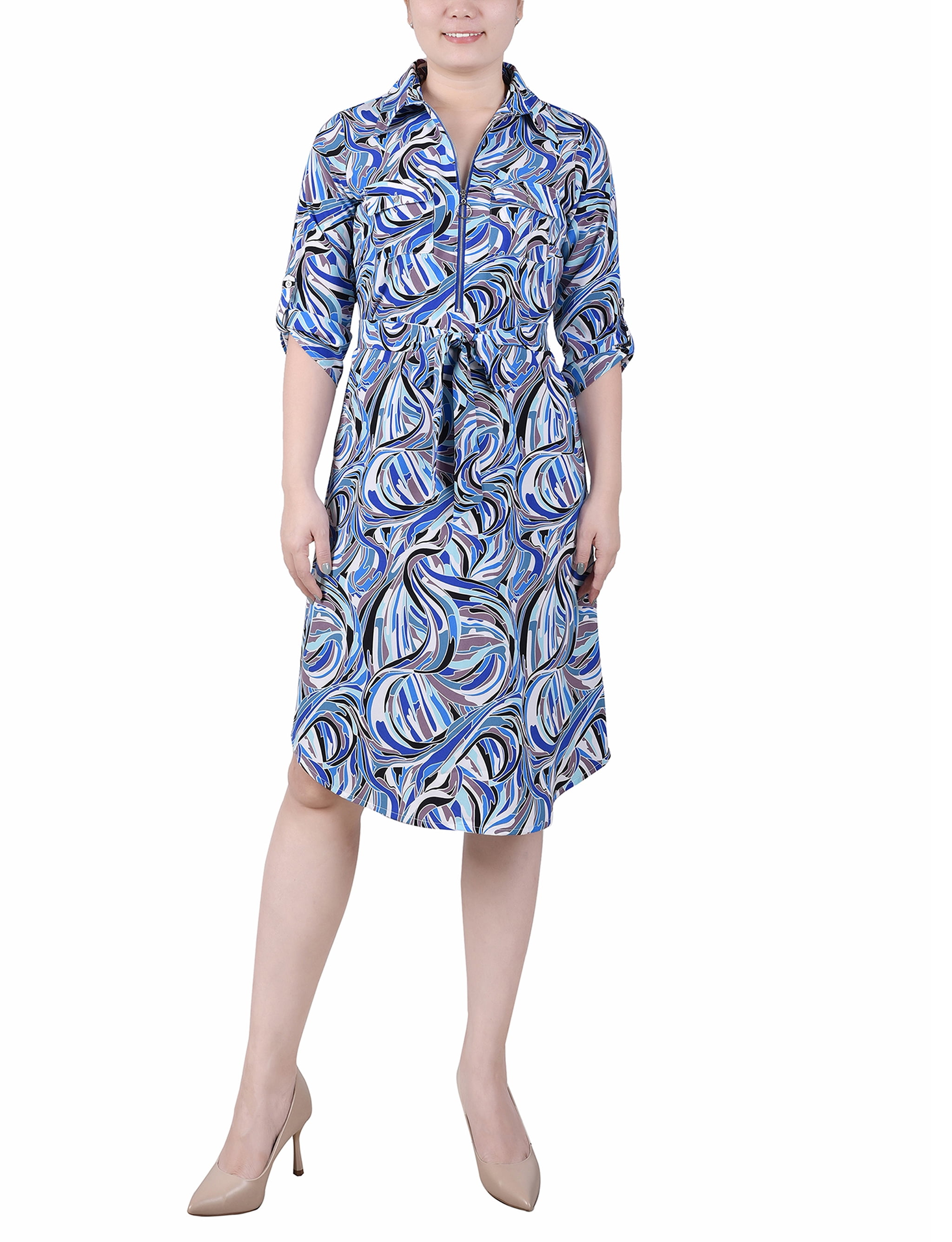 NY Collection Women's Petite 3/4 Roll Tab Zip Front Shirtdress ...