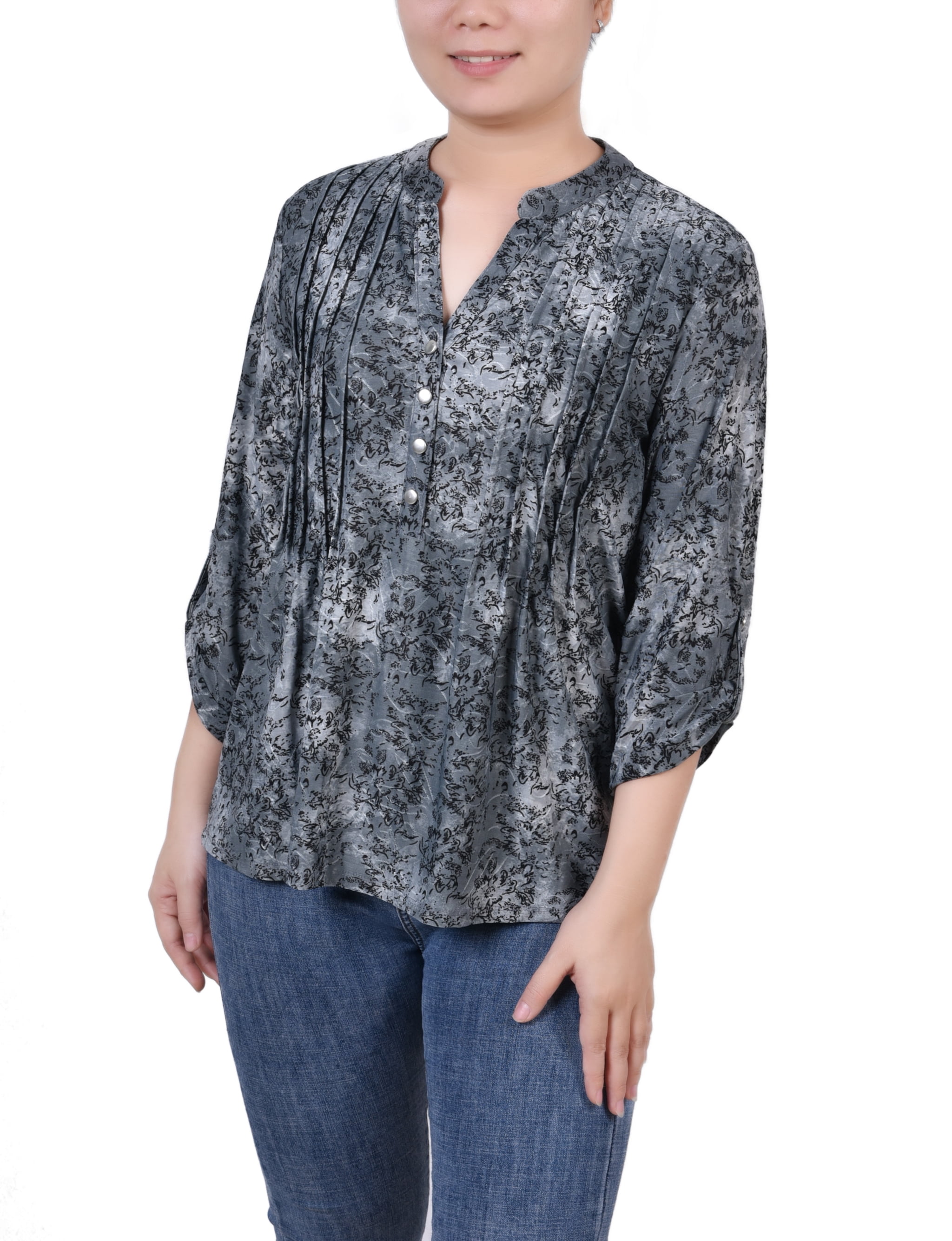 NY Collection Women's Petite 3/4 Sleeve Roll Tab Y Neck Top - Walmart.com