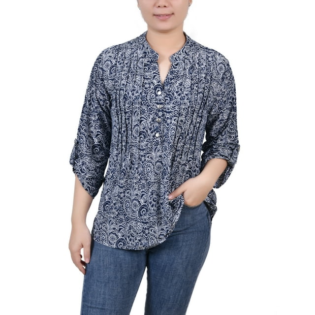 NY Collection Women's Petite 3/4 Sleeve Roll Tab Y Neck Top - Walmart.com