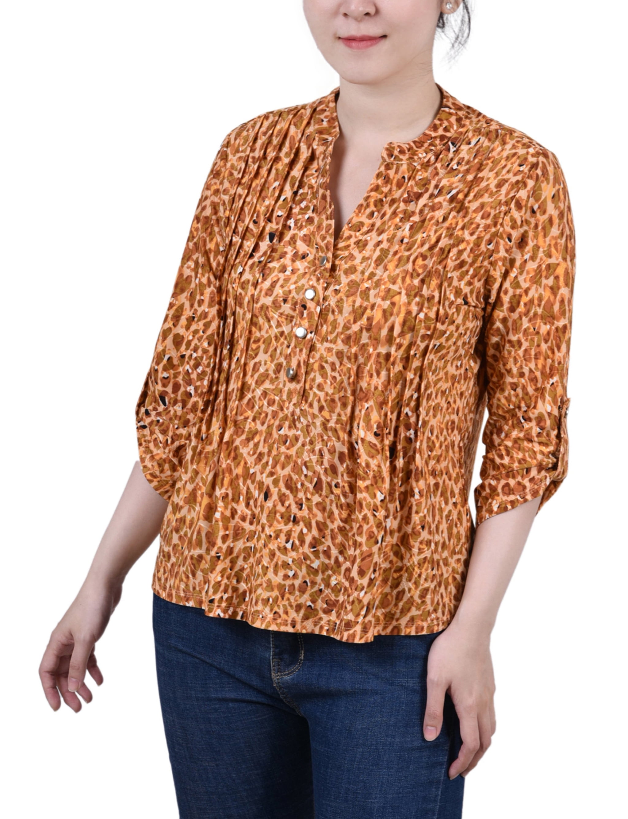 NY Collection Women's Petite 3/4 Sleeve Roll Tab Y Neck Top - Walmart.com