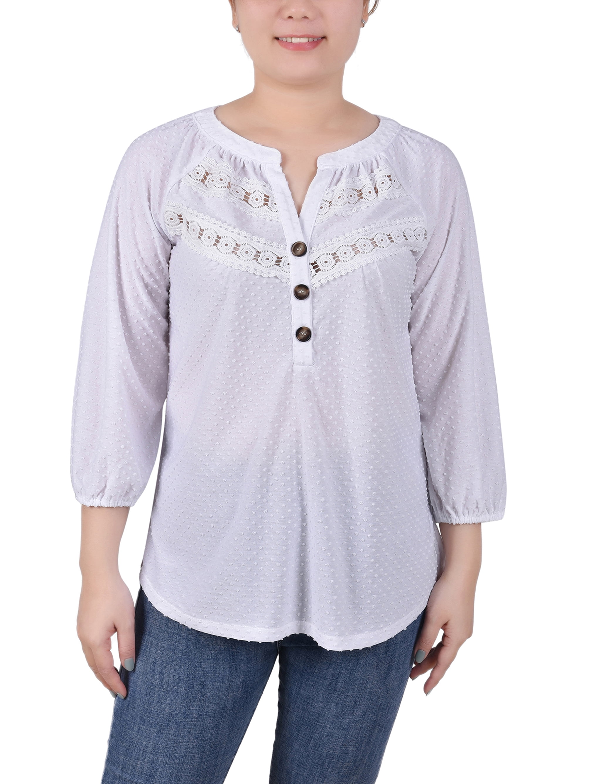 NY Collection Women's Petite 3/4 Sleeve Swiss Dot Top - Walmart.com