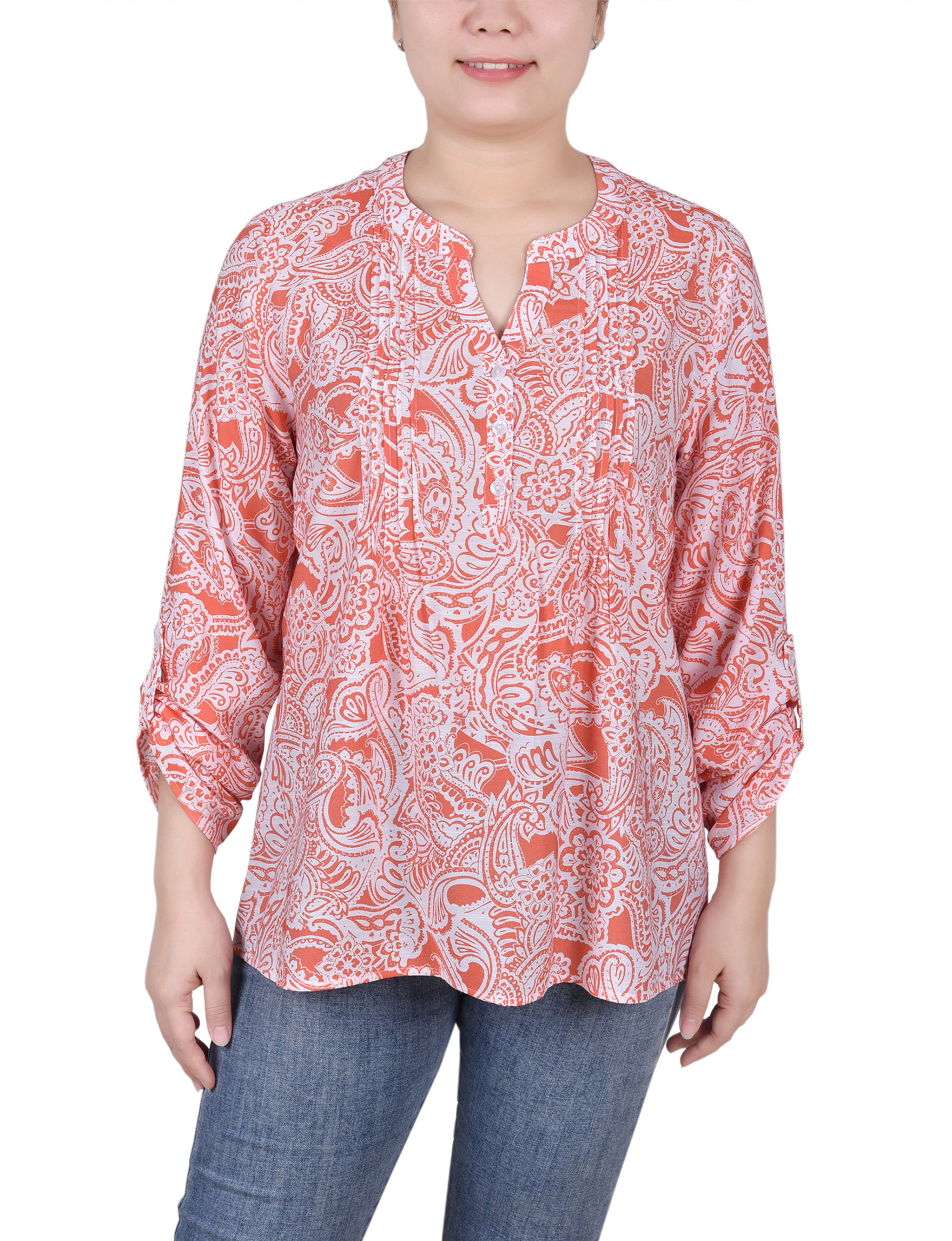 NY Collection Women's Petite Long Roll Tab Sleeve Pintuck Front Blouse ...