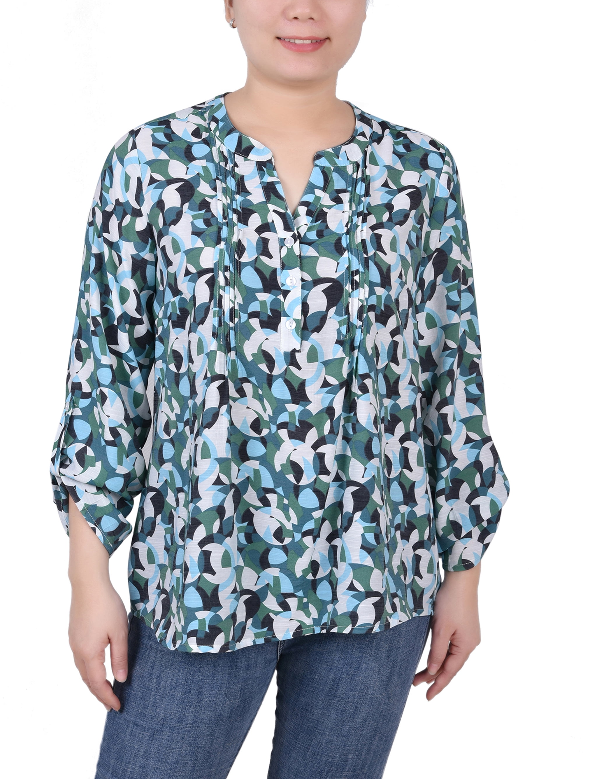 NY Collection Women's Petite Long Roll Tab Sleeve Pintuck Front Blouse ...