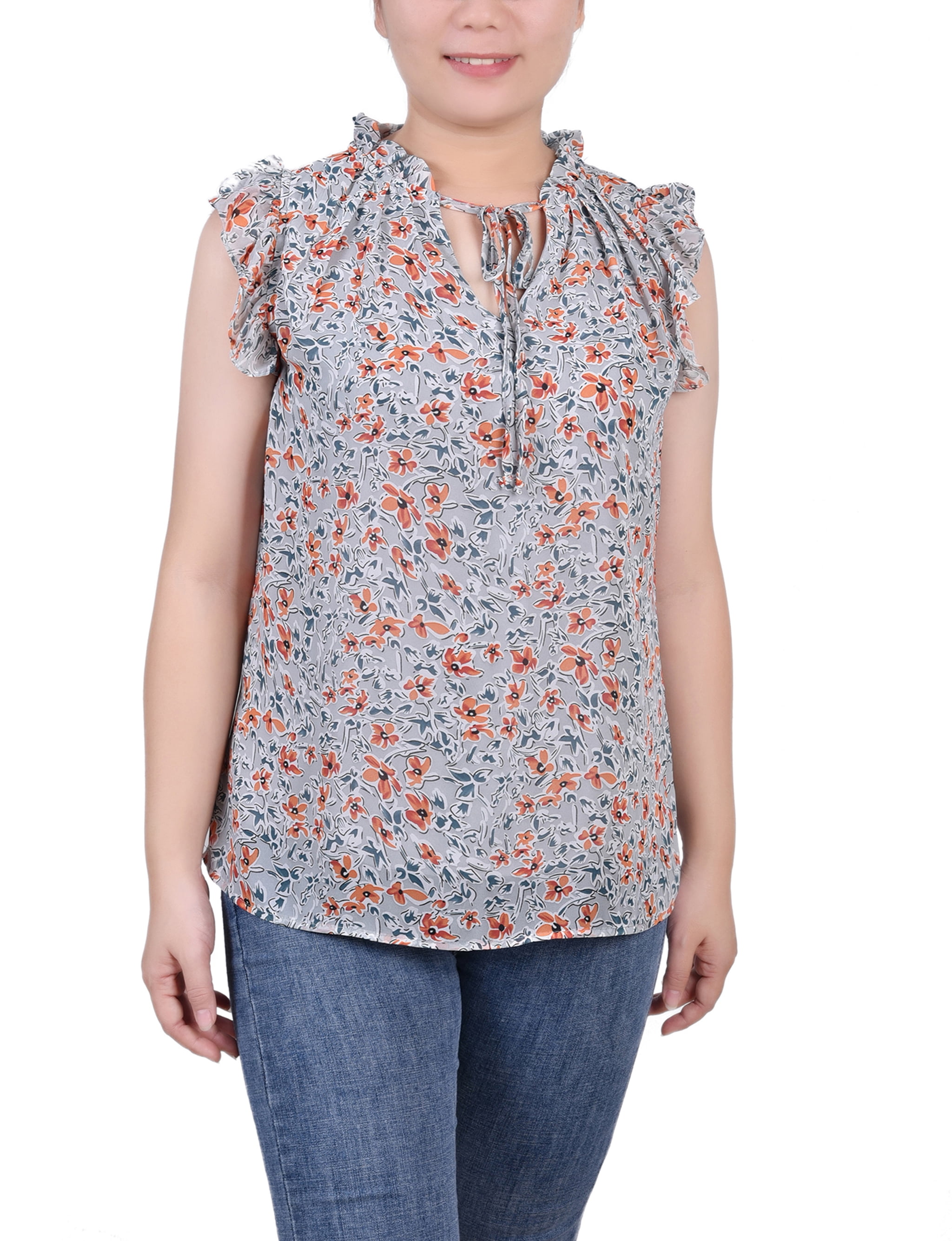 NY Collection Women's Petite Ruffled Sleeve Blouse with Tie Closure ...