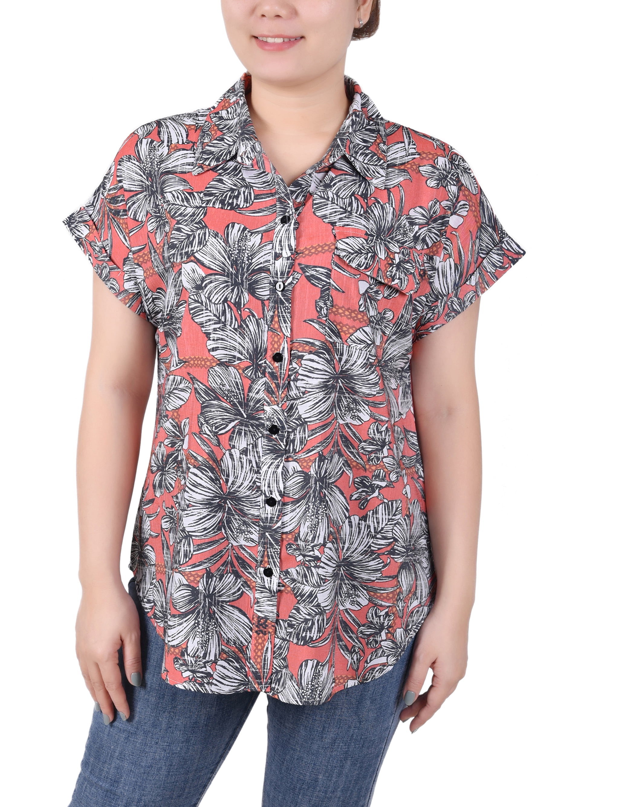 NY Collection Women's Petite Short Rolled Sleeve Button Front Blouse ...