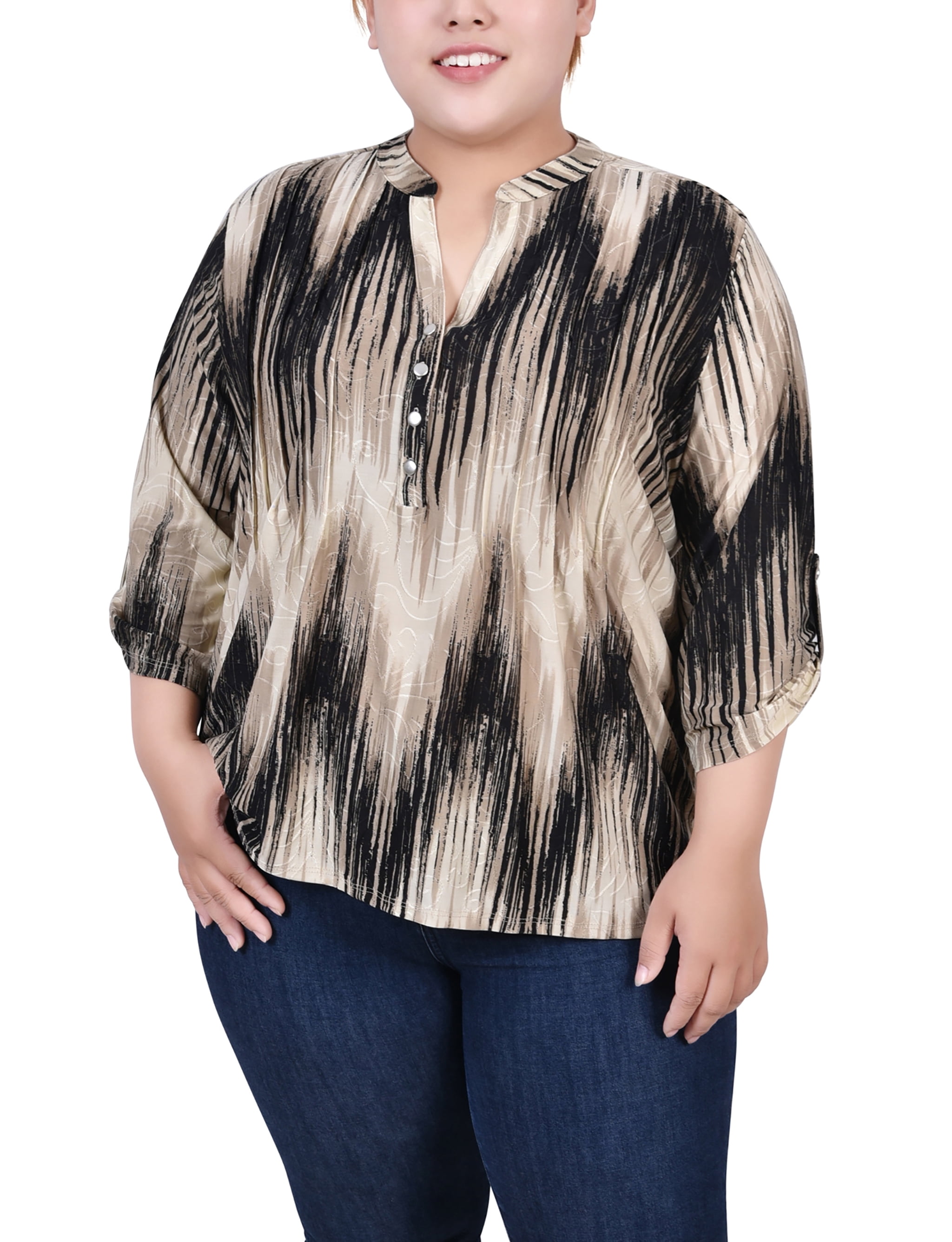 NY Collection Women's Plus Size 3/4 Sleeve Roll Tab Y Neck Top ...