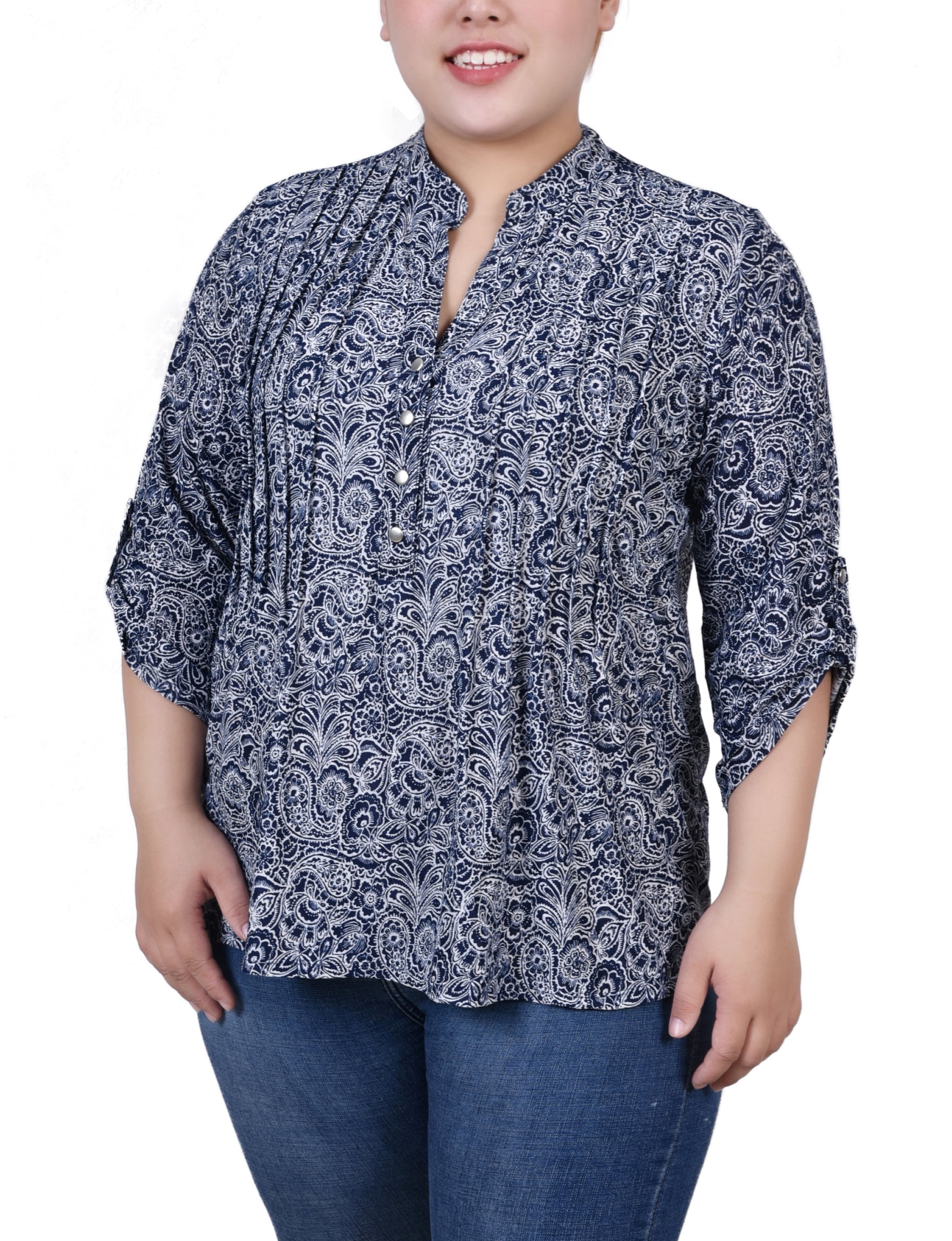 NY Collection Women's Plus Size 3/4 Sleeve Roll Tab Y Neck Top ...