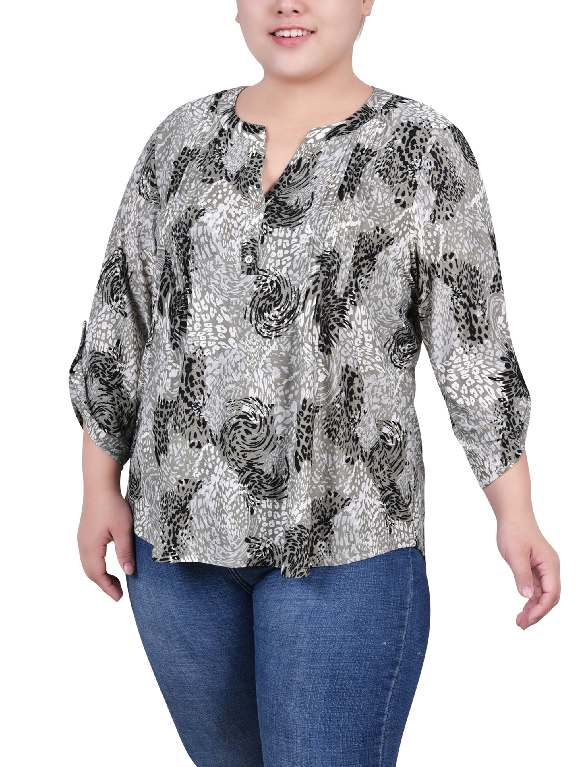 NY Collection Women's Plus Size 3/4 Sleeve Roll Tab Y Neck Top ...