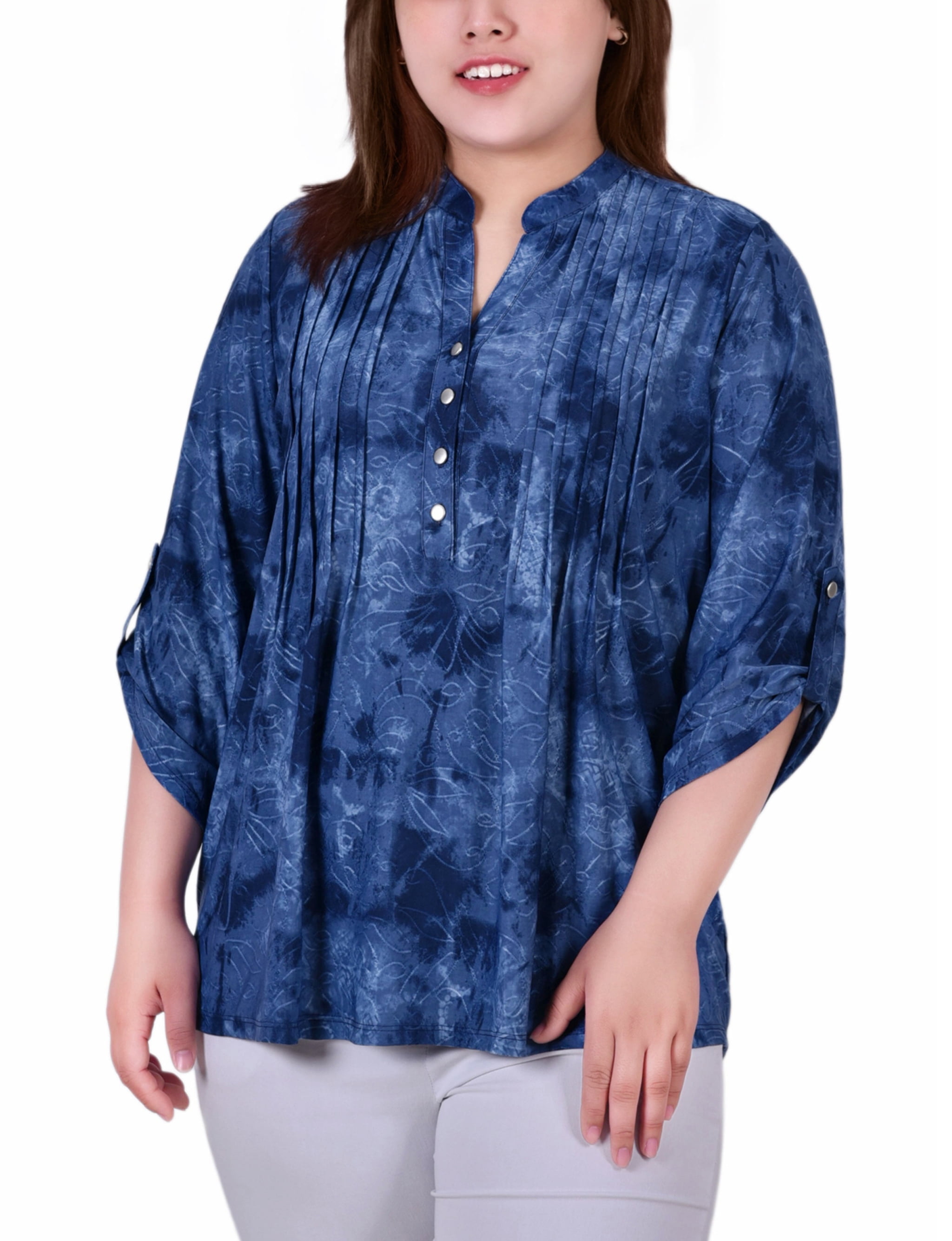NY Collection Women's Plus Size 3/4 Sleeve Roll Tab Y Neck Top ...