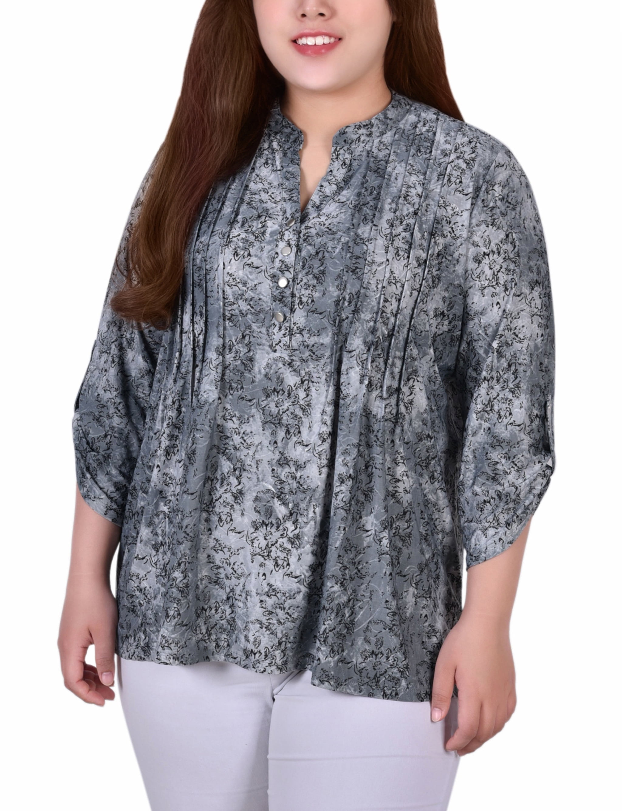 NY Collection Women's Plus Size 3/4 Sleeve Roll Tab Y Neck Top ...