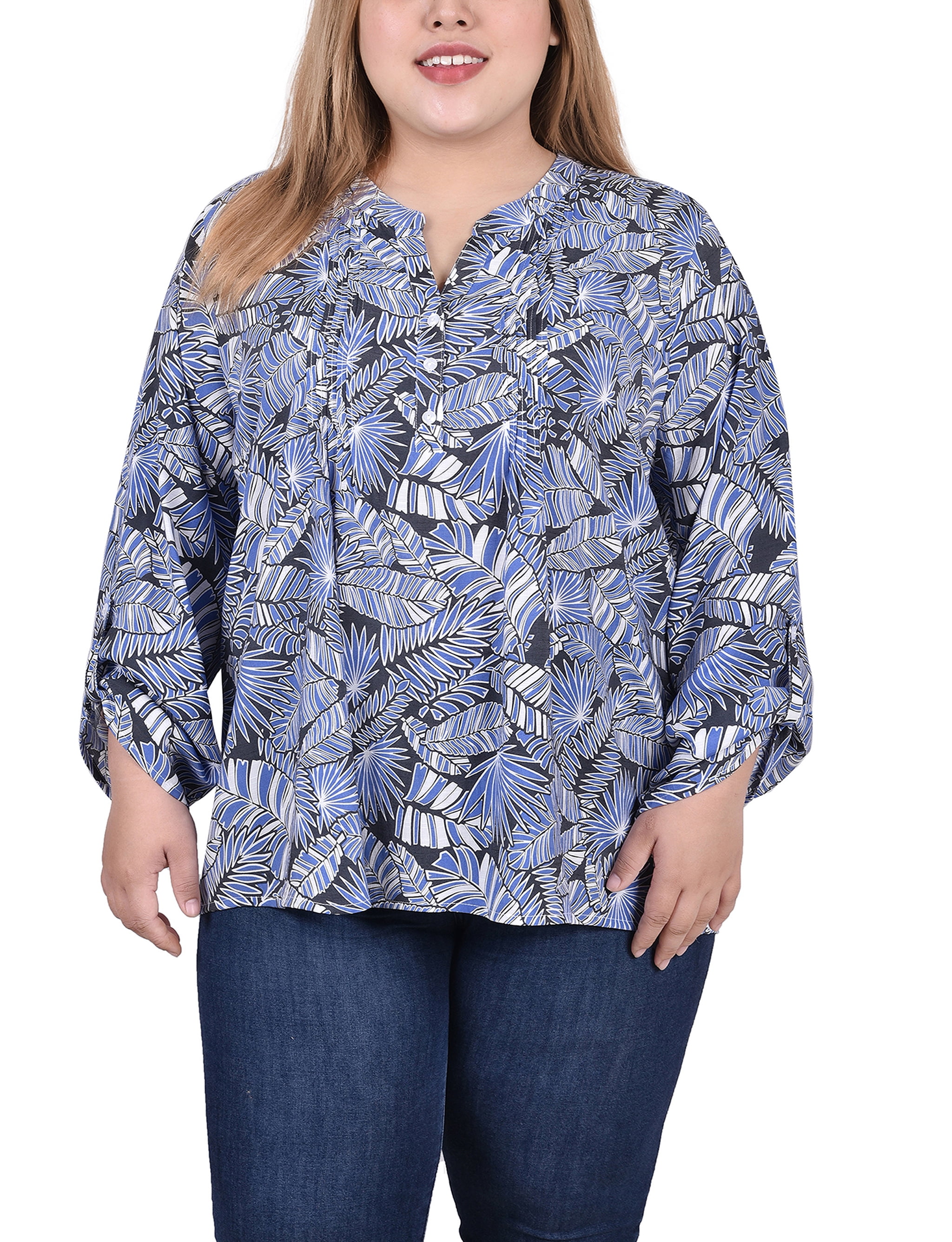 NY Collection Women's Plus Size Long Roll Tab Sleeve Pintuck Front ...
