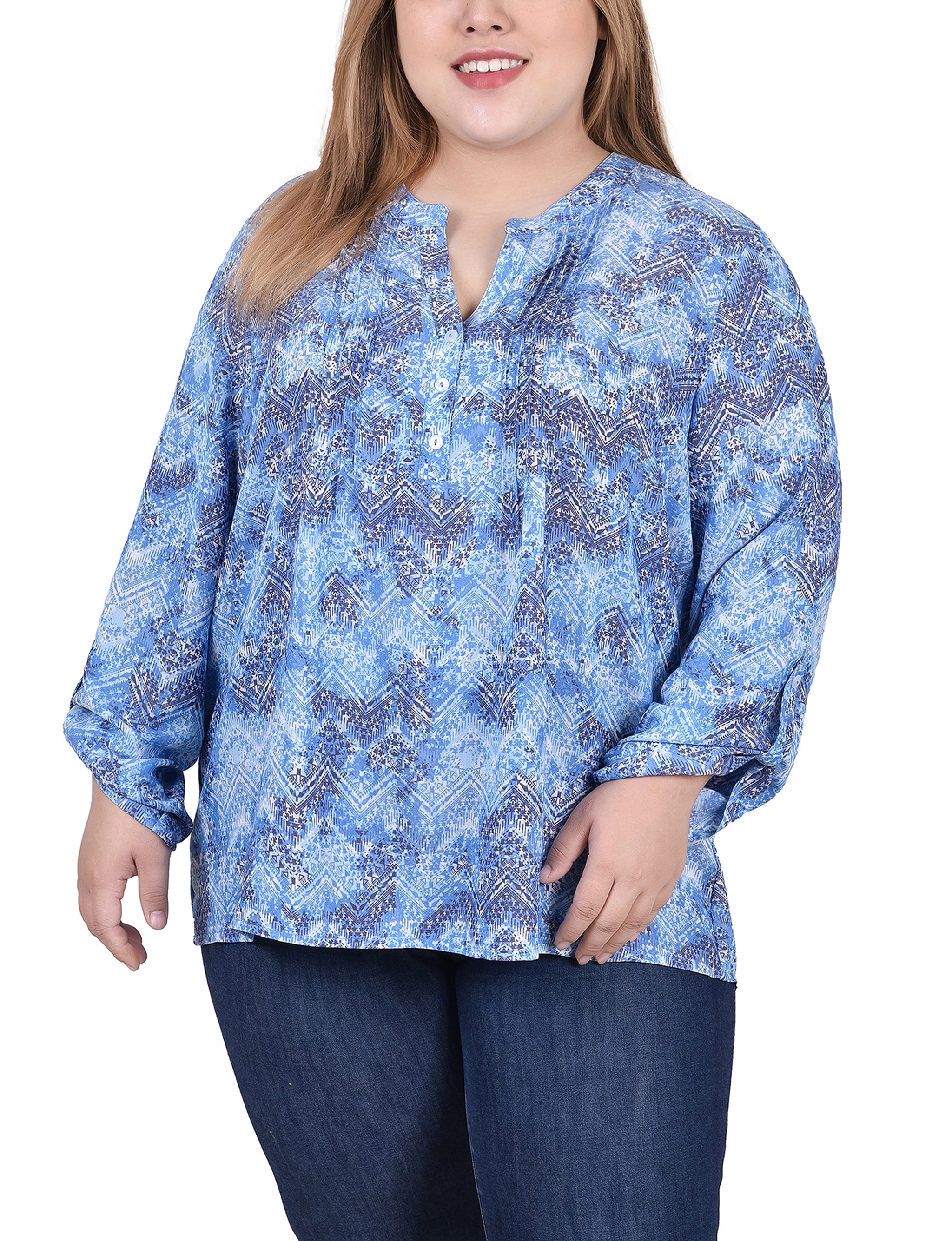 NY Collection Women's Plus Size Long Roll Tab Sleeve Pintuck Front ...