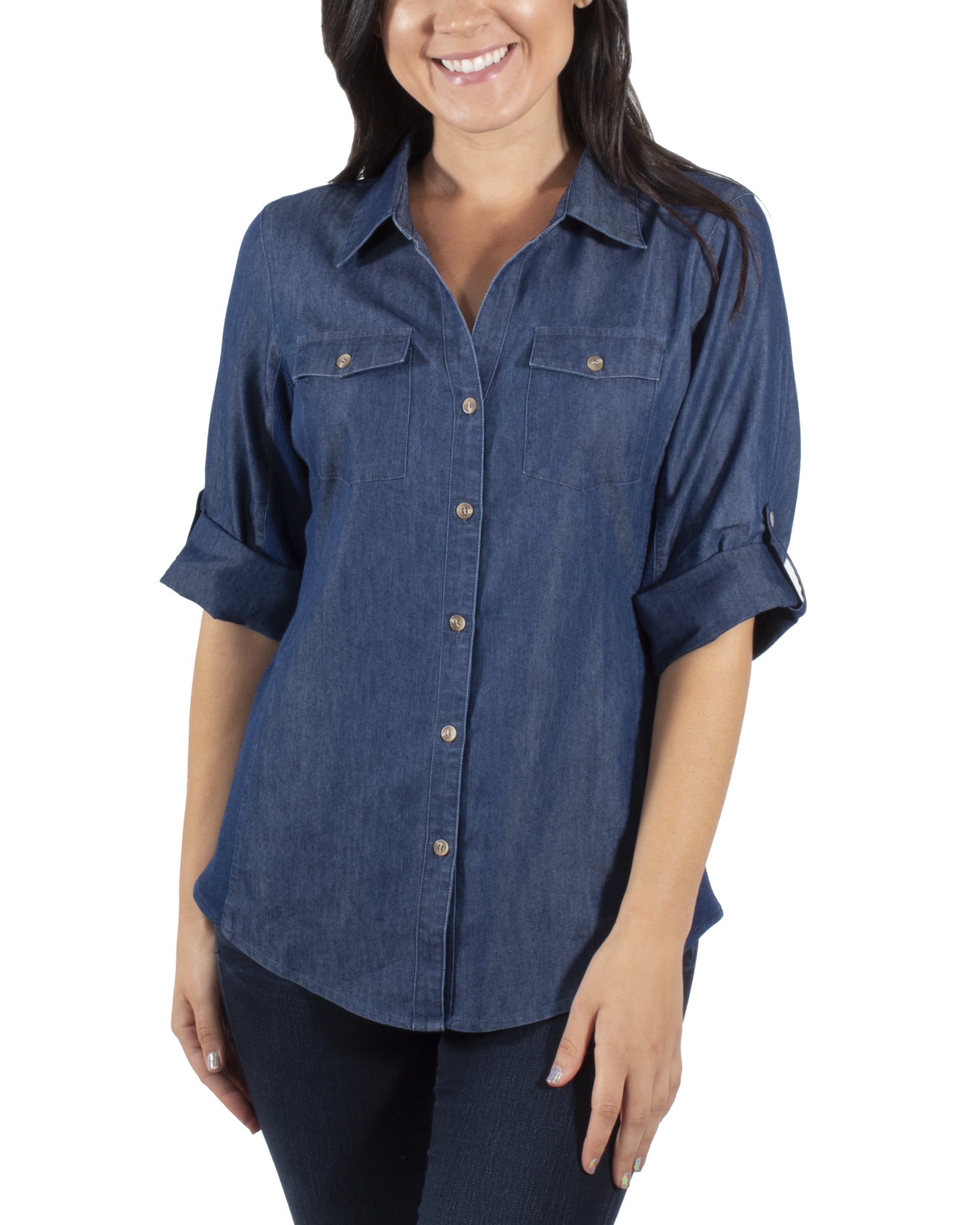 NY Collection Women's Roll Tab Denim Blouse with Rib Insets - Walmart.com