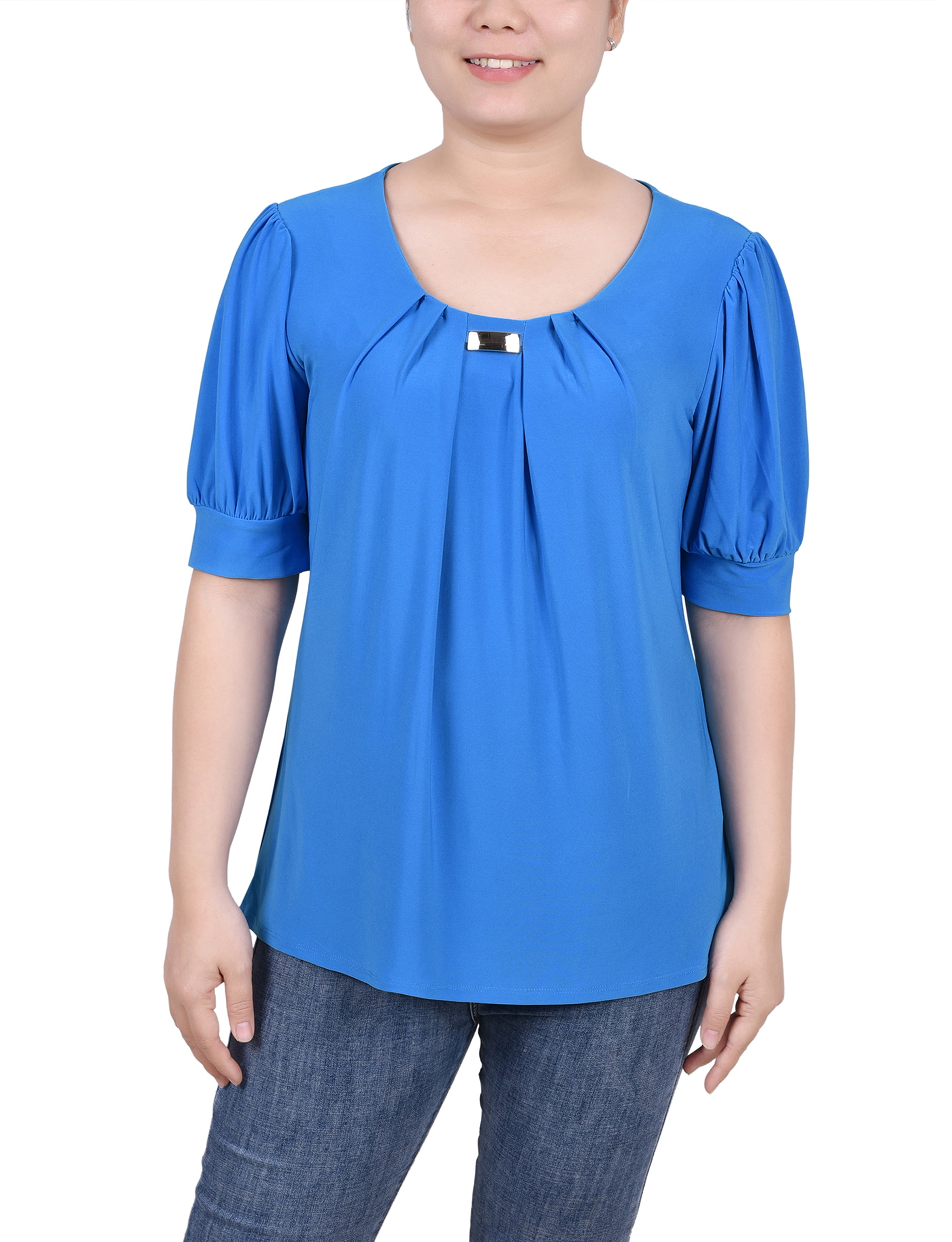 NY Collection Women's Short Sleeve Balloon Sleeve Top with Hardware ...
