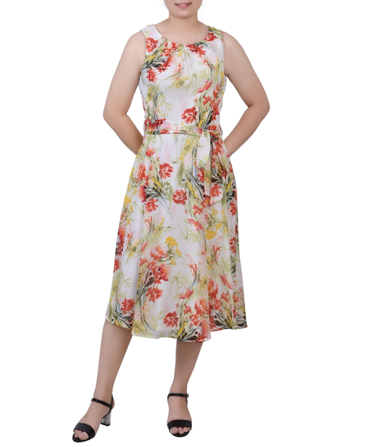 NY Collection Women's Sleeveless Chiffon Belted Dress Brown Size Petite ...