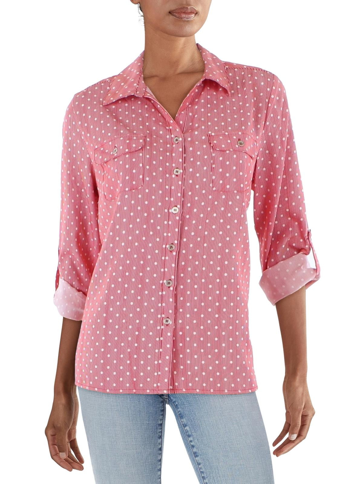 NY Collection Womens Petites Dotted Button Down Blouse - Walmart.com