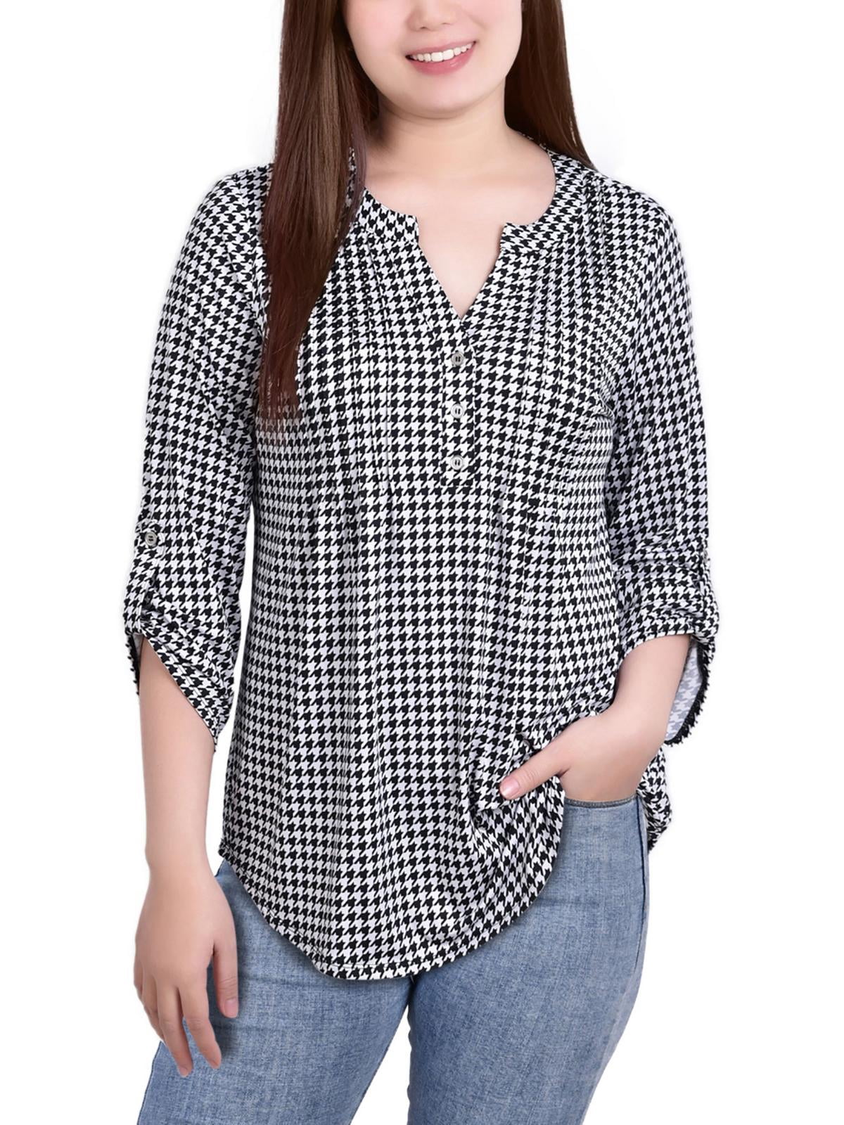 NY Collection Womens Petites Houndstooth Matte Jersey Henley - Walmart.com