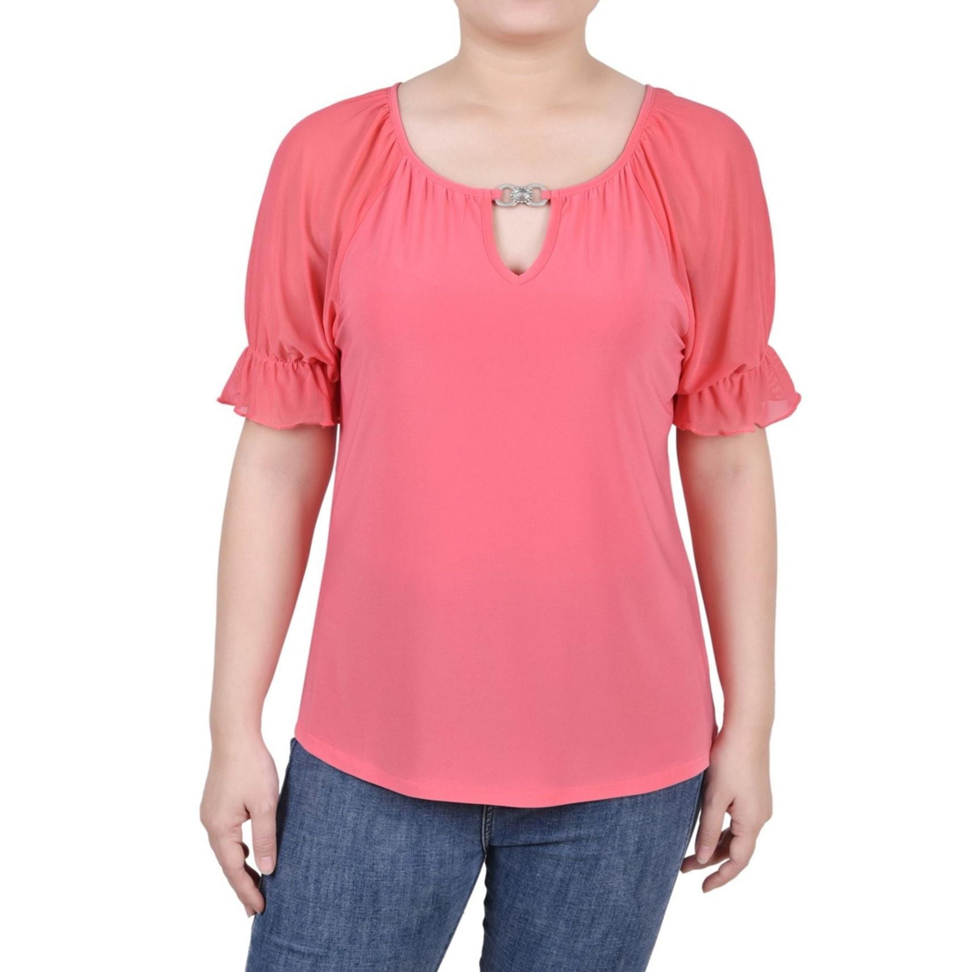 NY Collection Womens Short Ruffle Sleeve Rhinestone Keyhole Knit Blouse ...