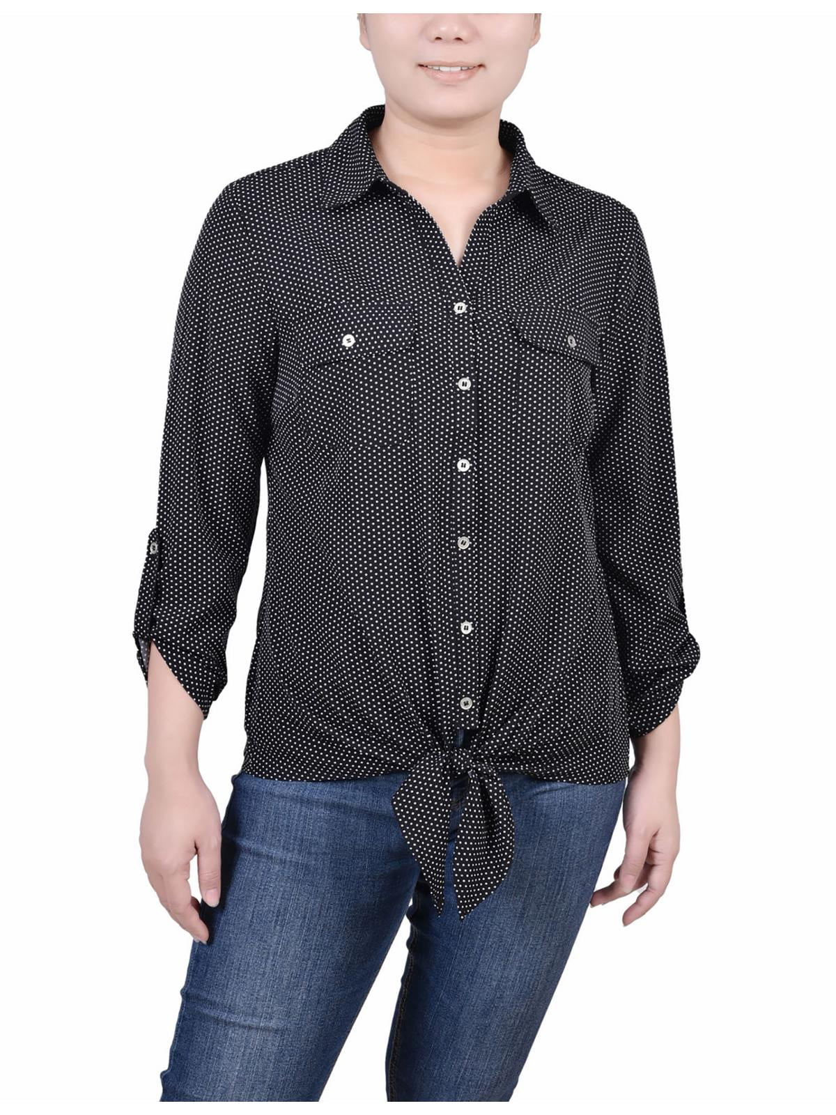 NY Collection Womens Petites Polka Dot Tie Front Button-Down Top ...