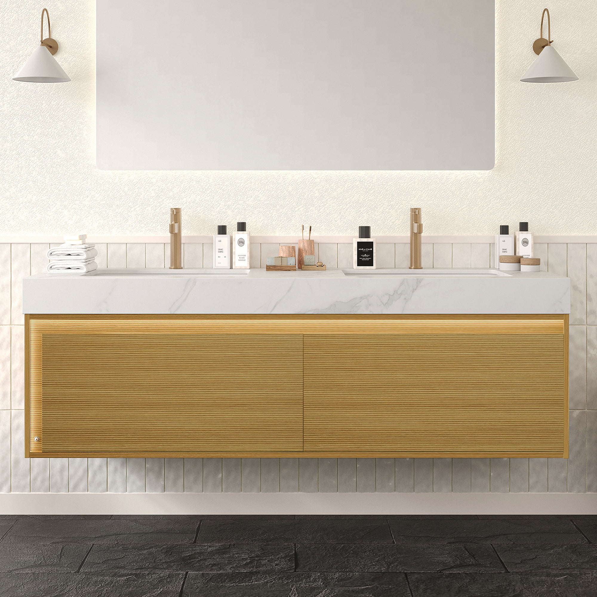 NYAH 60'' Bathroom Vanity&Sinks Floating Ultra-Slim Grille Plywood ...