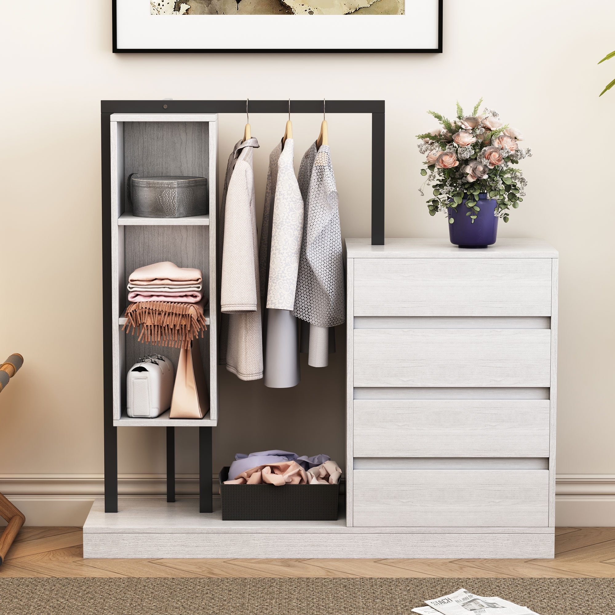 NYBOPAVIS Closet Rack with 4 Drawers, Wardrobe Organization with 3-Tier ...
