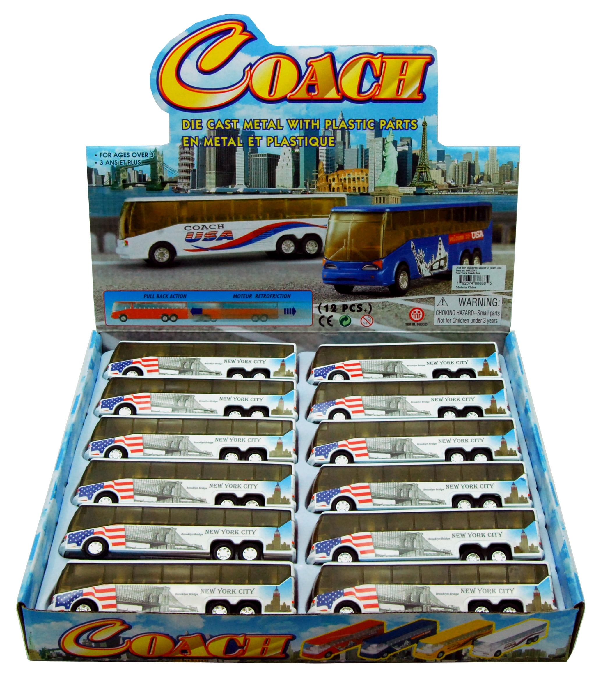Walmart NYC Coach Bus Toy Metal Diecast Car - Box of 12 Assorted 6 Inch ...