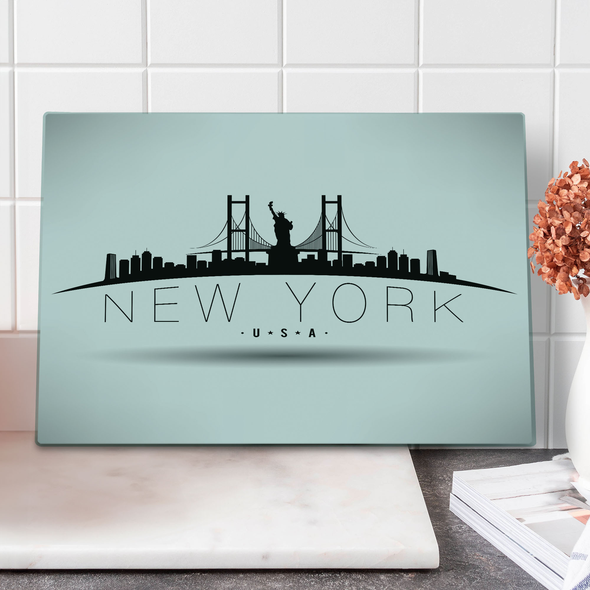 NYC Cutting Board, New York USA Calligraphy with Brooklyn Bridge ...