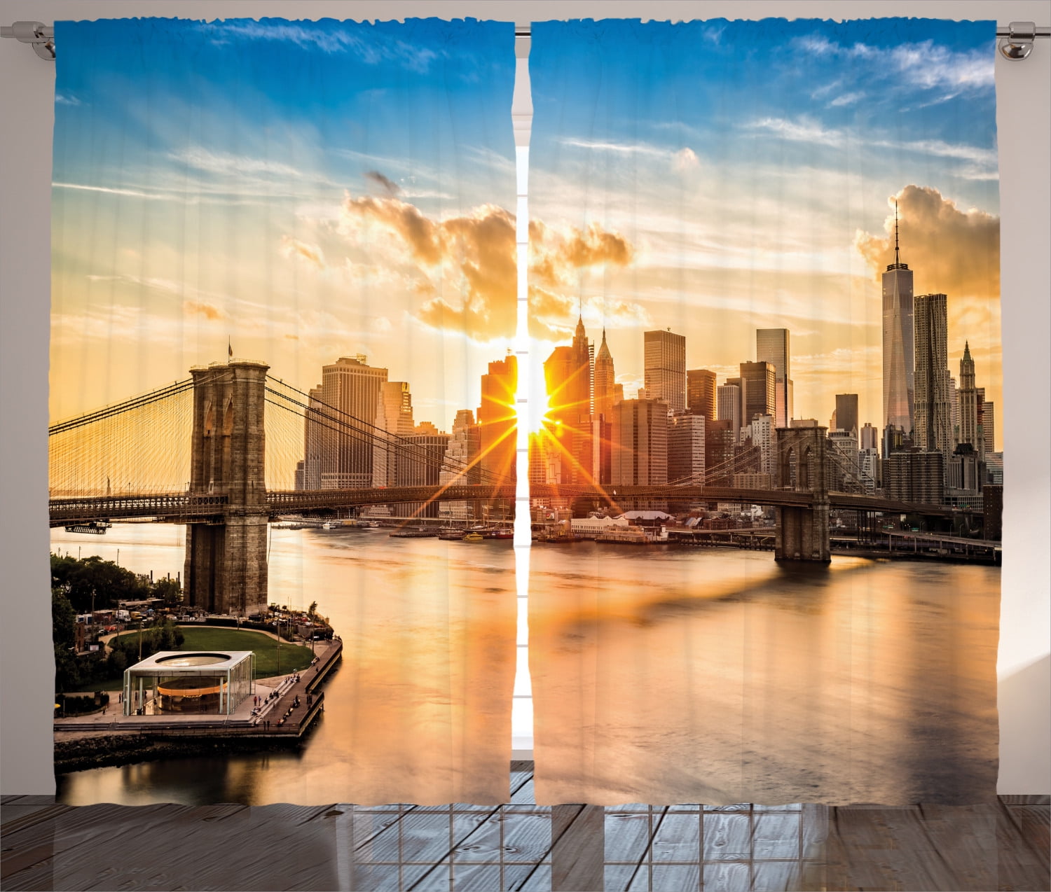 Ambesonne New York Curtains 2 Panel Set, Cityscape of Brooklyn, 108" x ...