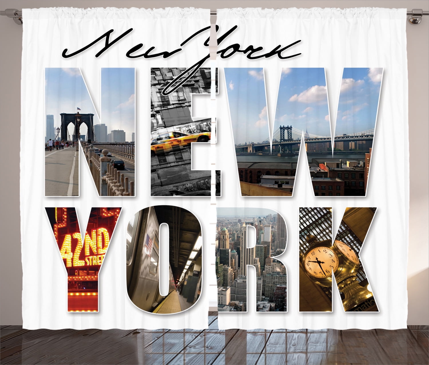 Ambesonne United States Curtains 2 Panel Set, New York Collage, 108" x ...