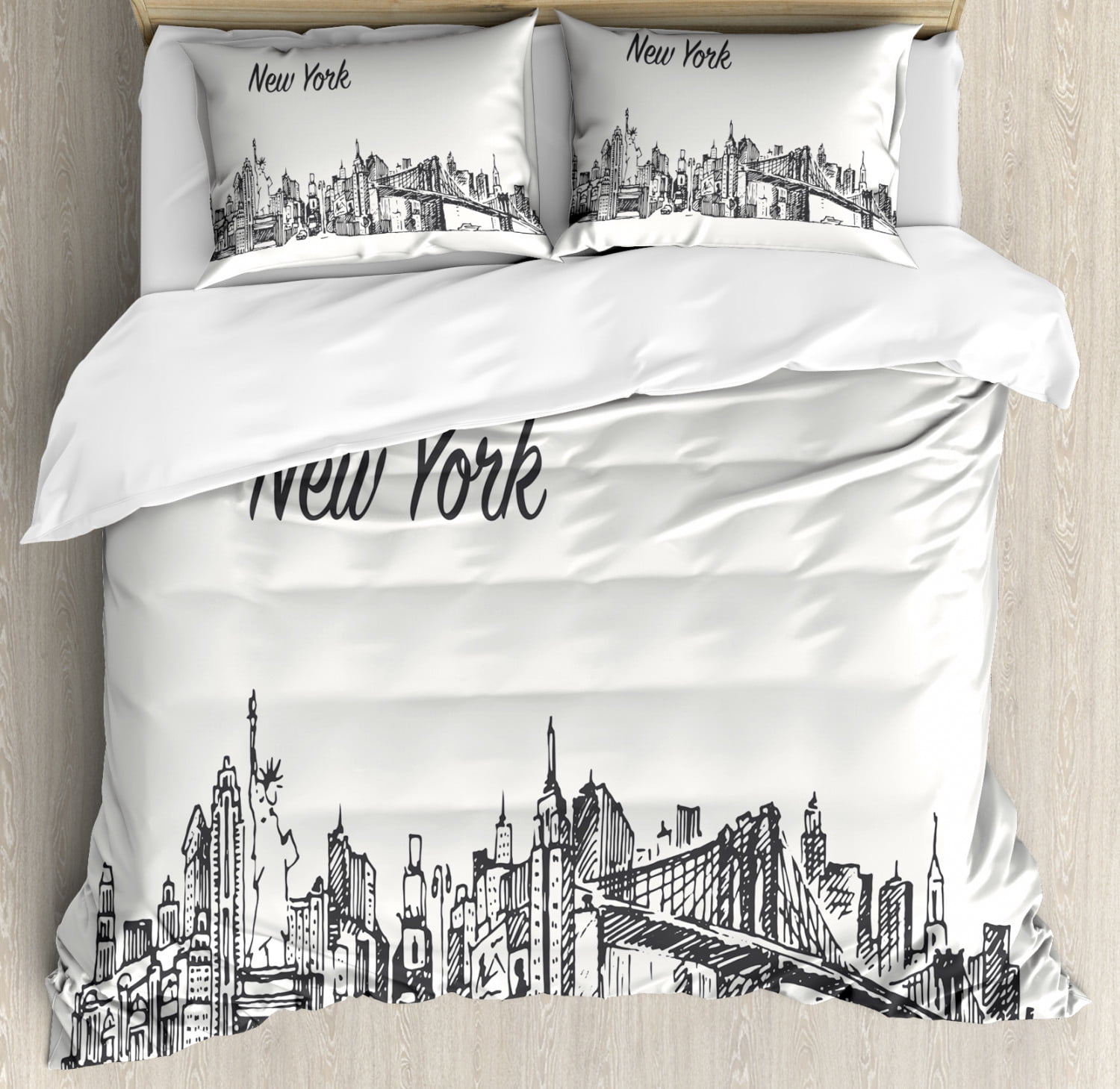 NYC Duvet Cover Set Queen Size, Simplistic Sketch of New York City ...