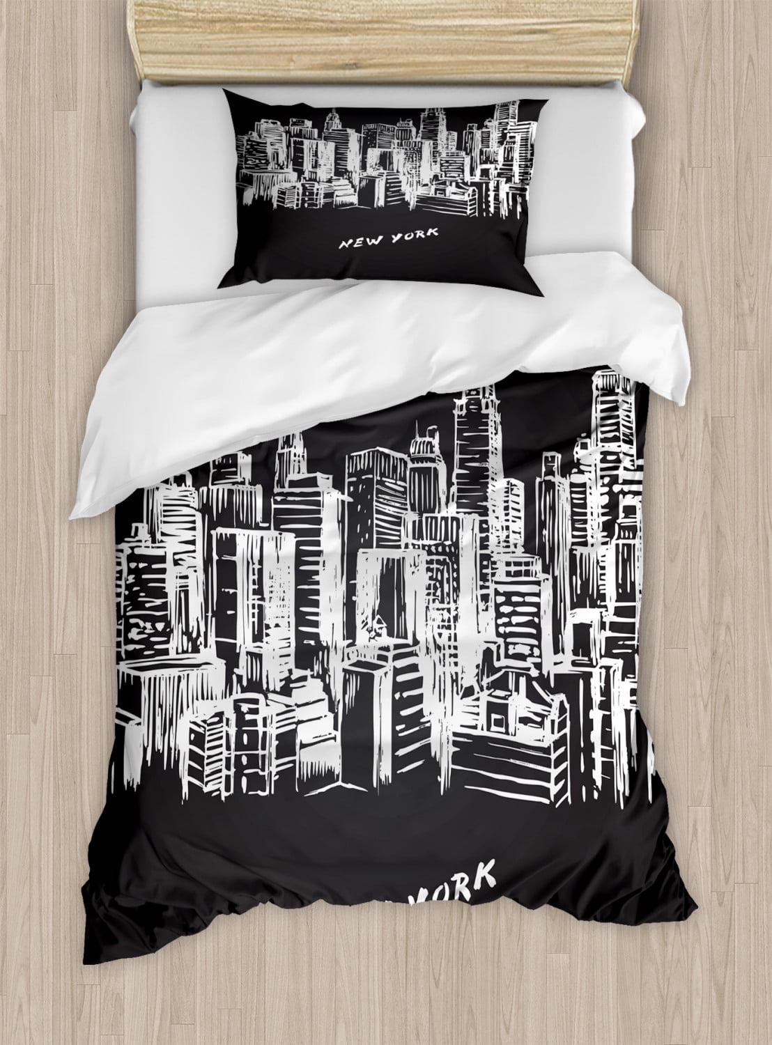 NYC Duvet Cover Set Twin Size, Modern and Metropolitan Hand Drawn City ...