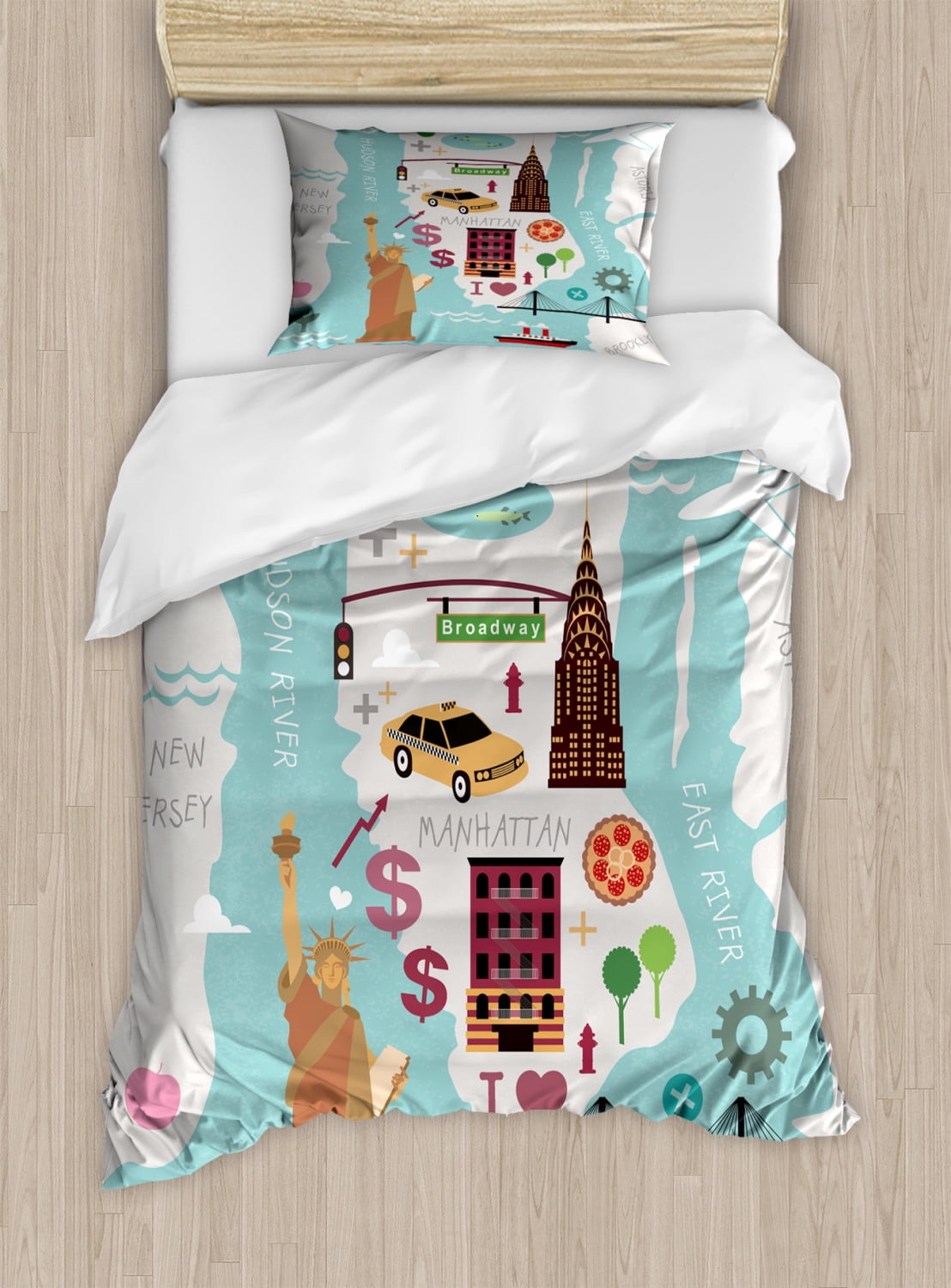 NYC Duvet Cover Set Twin Size, New York Infographic Cartography with ...