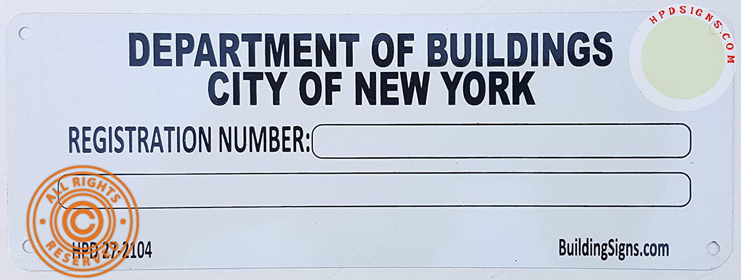 NYC HPD Building Registration Number Sign (White, 3x8 inch, Aluminium ...