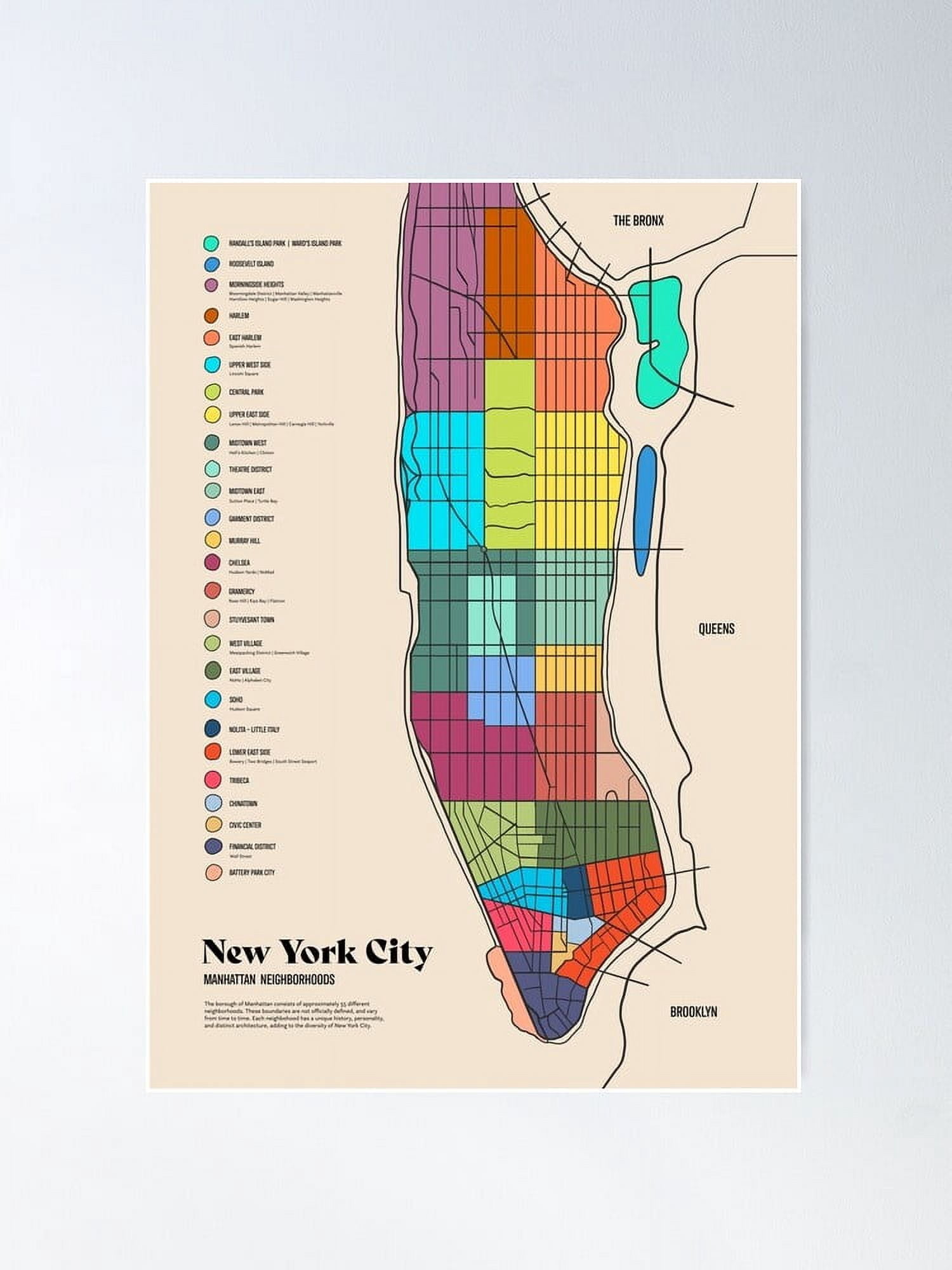 NYC Manhattan Neighborhood, Colored Map Illustration Poster - Walmart.com