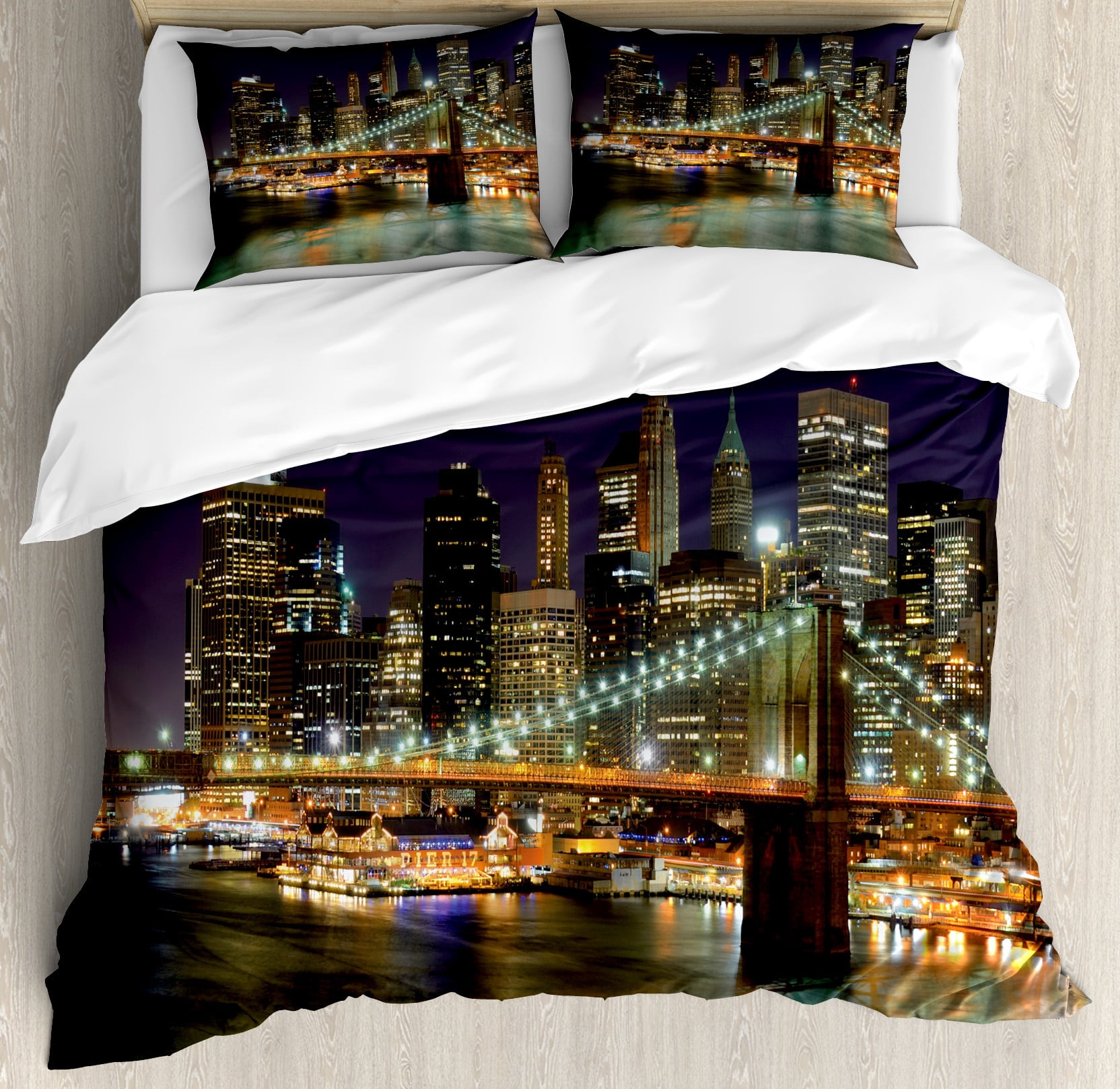 NYC Scene Duvet Cover Set, Nighttime Picturesque of Downtown New York ...