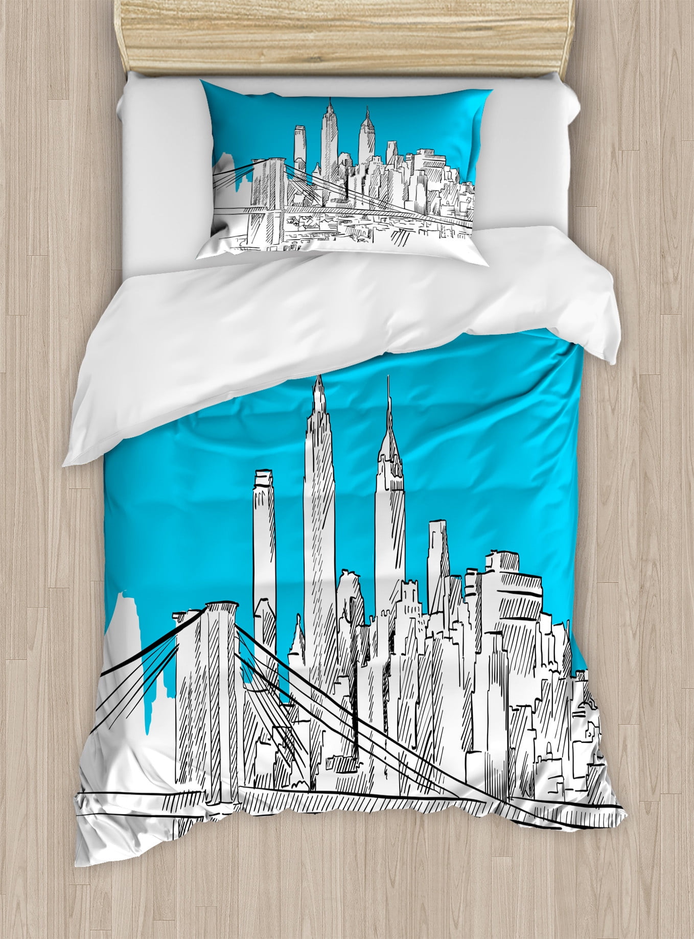 NYC Scene Duvet Cover Set, Sketchy Pencil Drawn Brooklyn Bridge ...