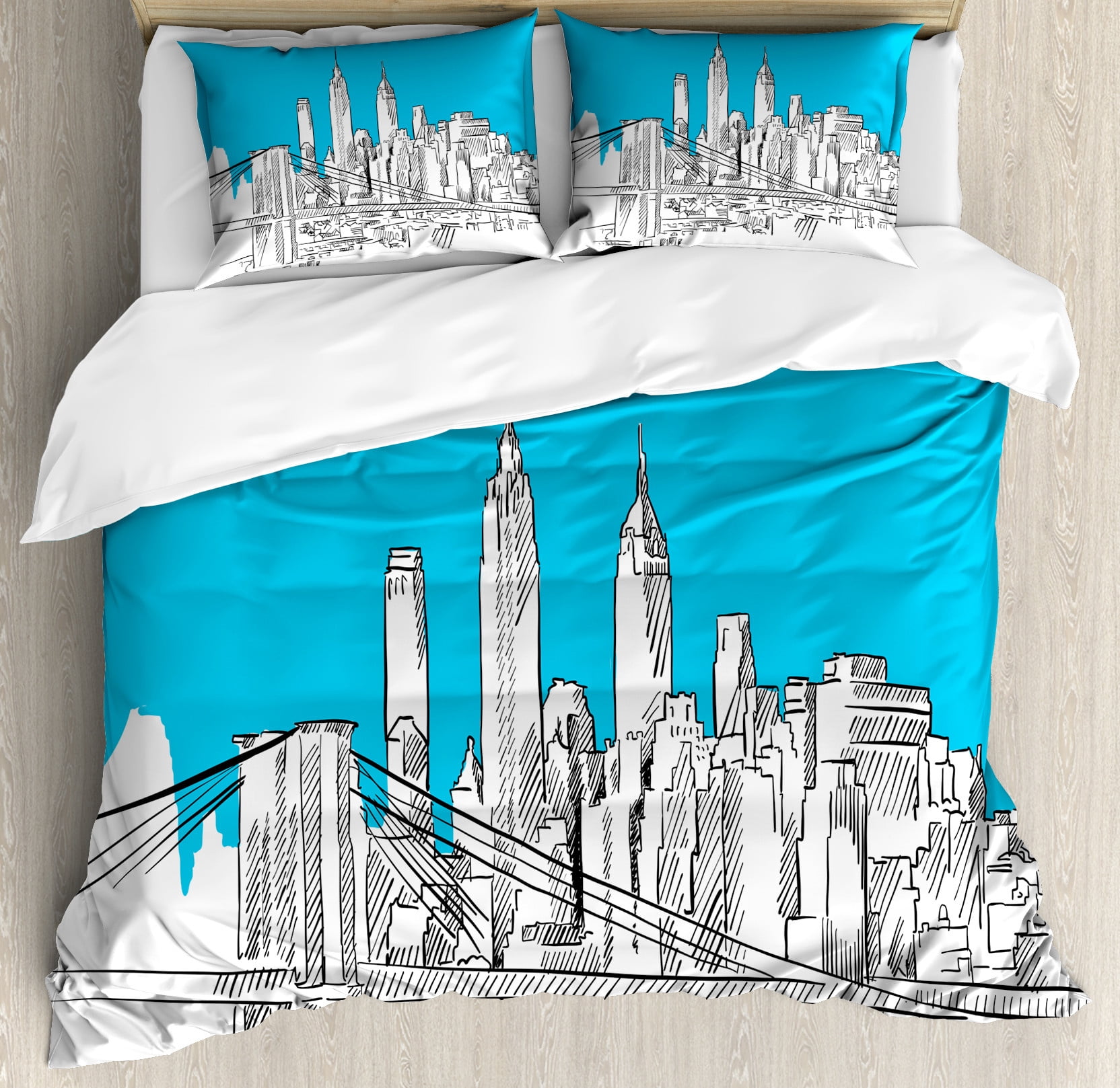 NYC Scene Duvet Cover Set, Sketchy Pencil Drawn Brooklyn Bridge ...