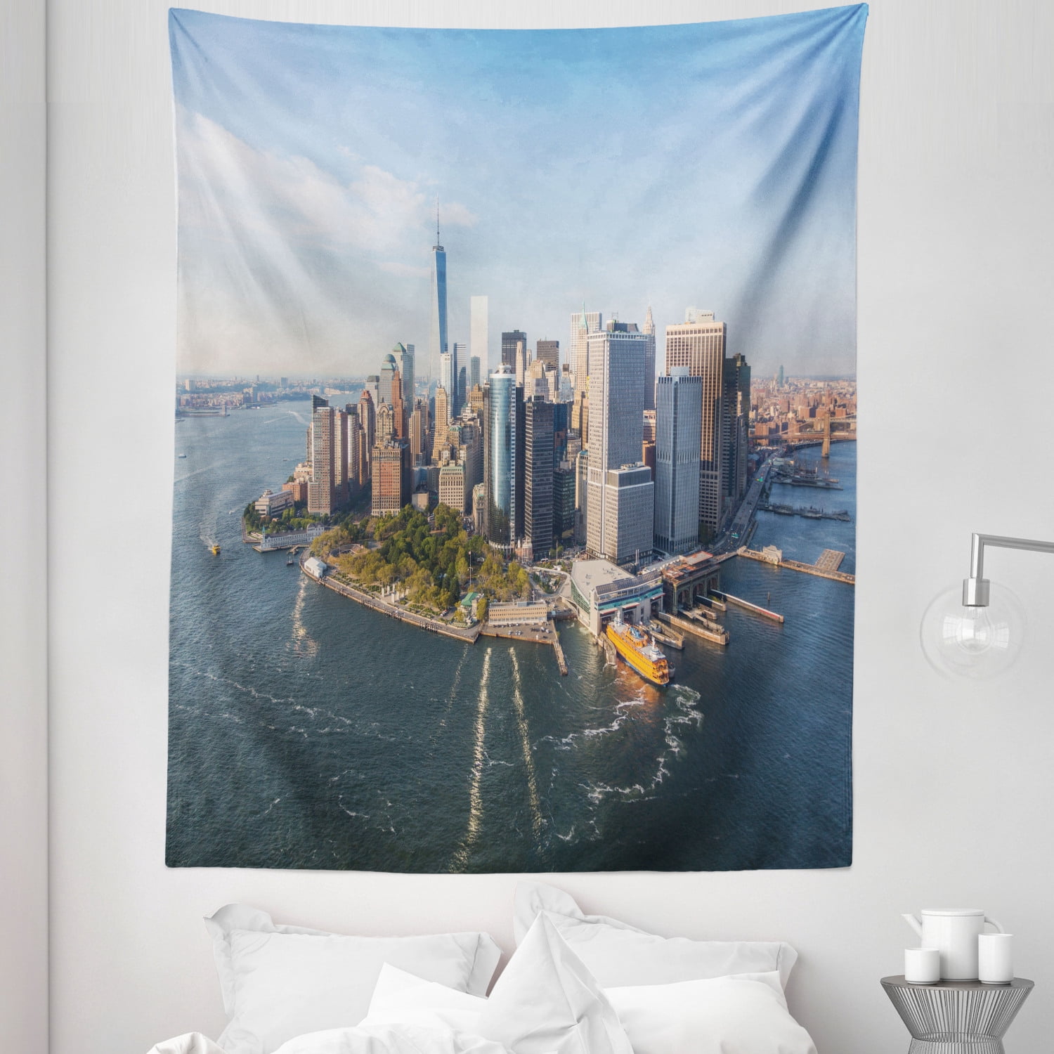 NYC Scene Tapestry, Real Life Image of Downtown Aerial View Panoramic ...